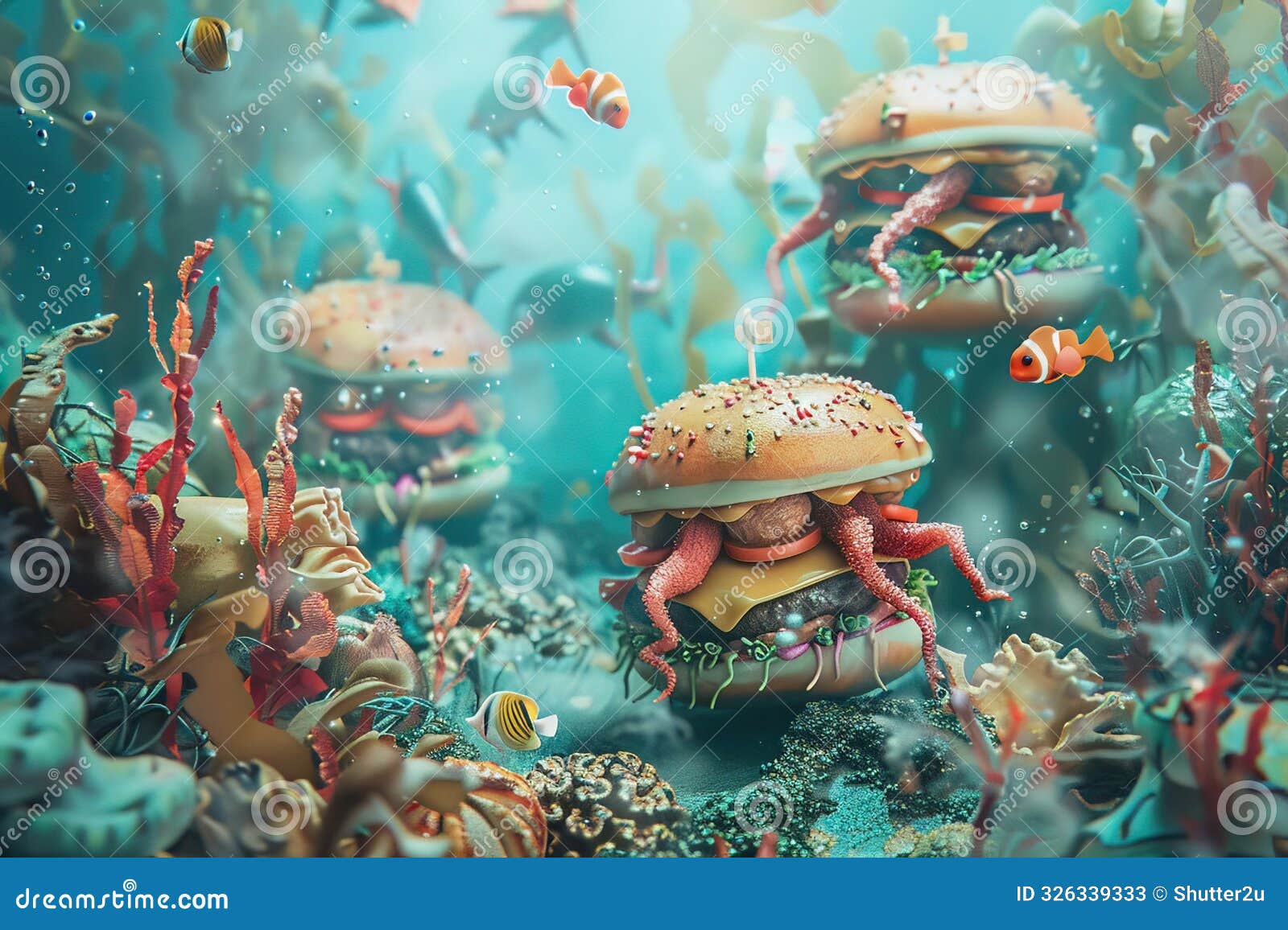 Underwater Burger Feast with Mermaids and Sea Creatures Stock ...