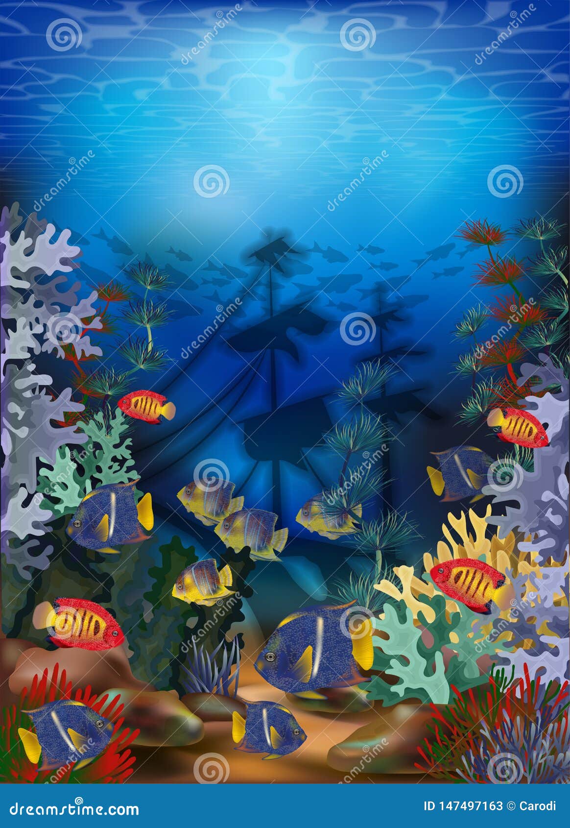 Underwater Card with Algae, Tropical Fish and Sunken Ship, Vector Stock ...