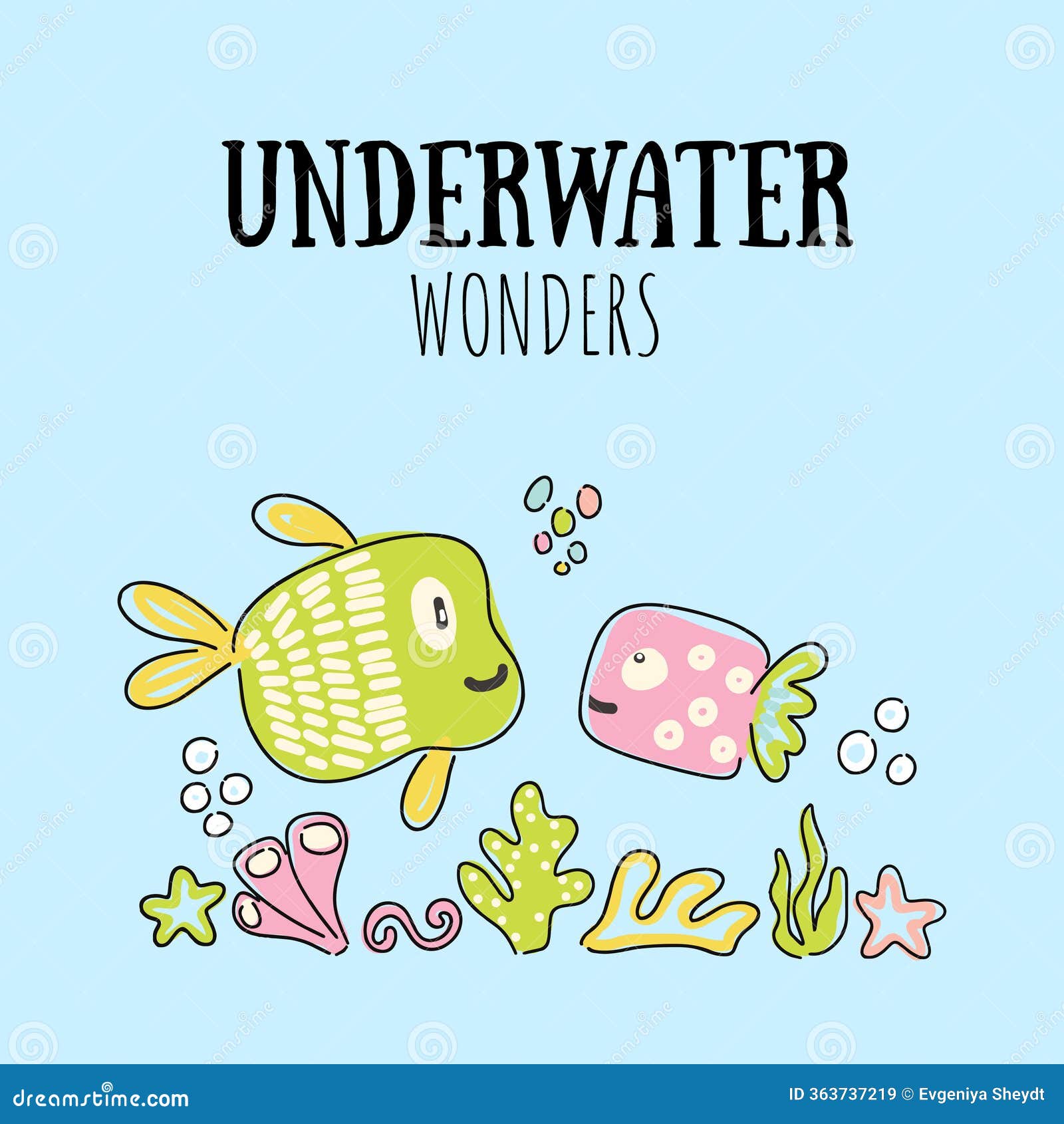 Underwater Cartoon Fish With Seaweed Bubbles And Coral. | CartoonDealer ...