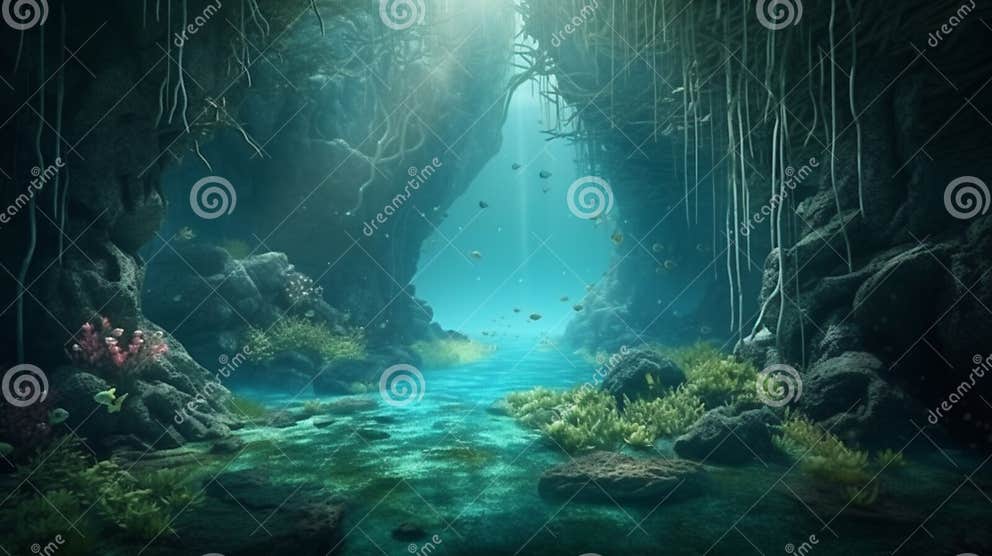Underwater Cave with Columns and Rock. Soft Focus Stock Photo - Image ...