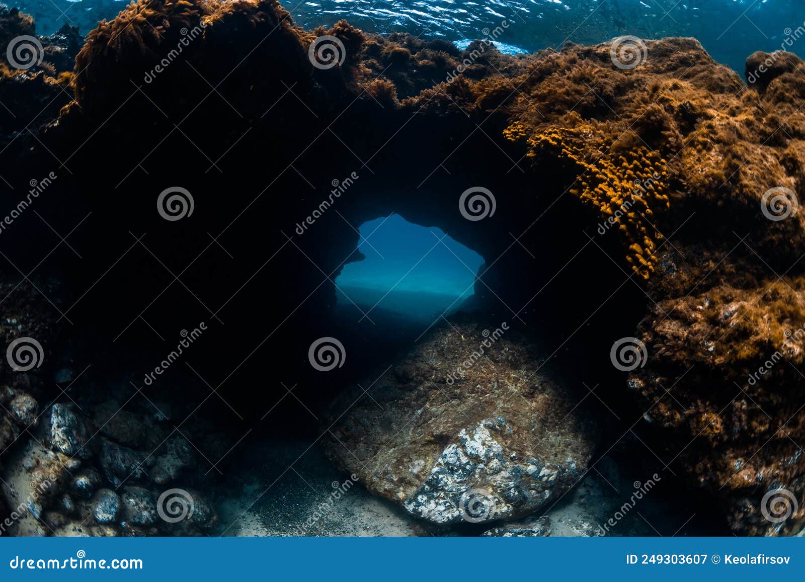 Underwater Cave and Reef with Corals in Blue Ocean Stock Image - Image ...