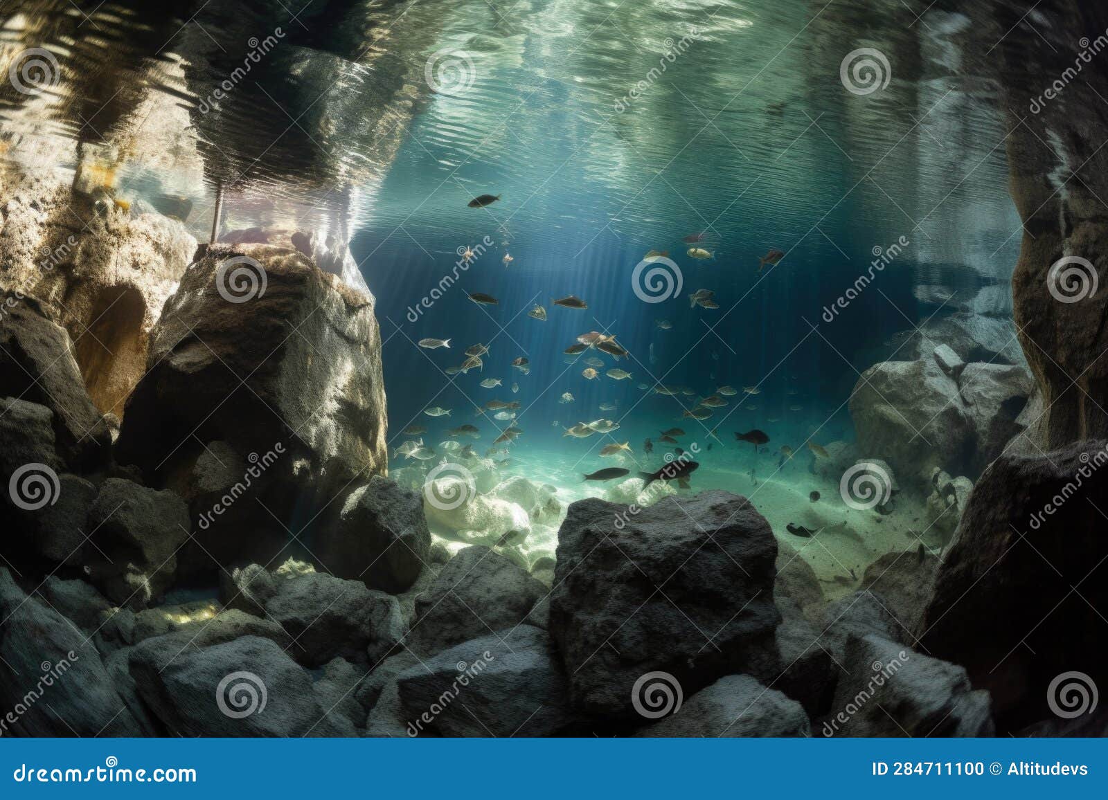 Underwater Cave, with Schools of Fish Swimming among the Natural ...