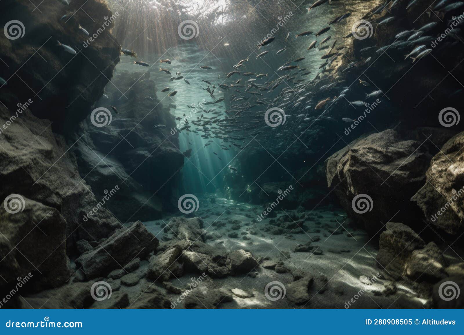 Underwater Cave with Schools of Fish Swimming among the Rock Formations ...