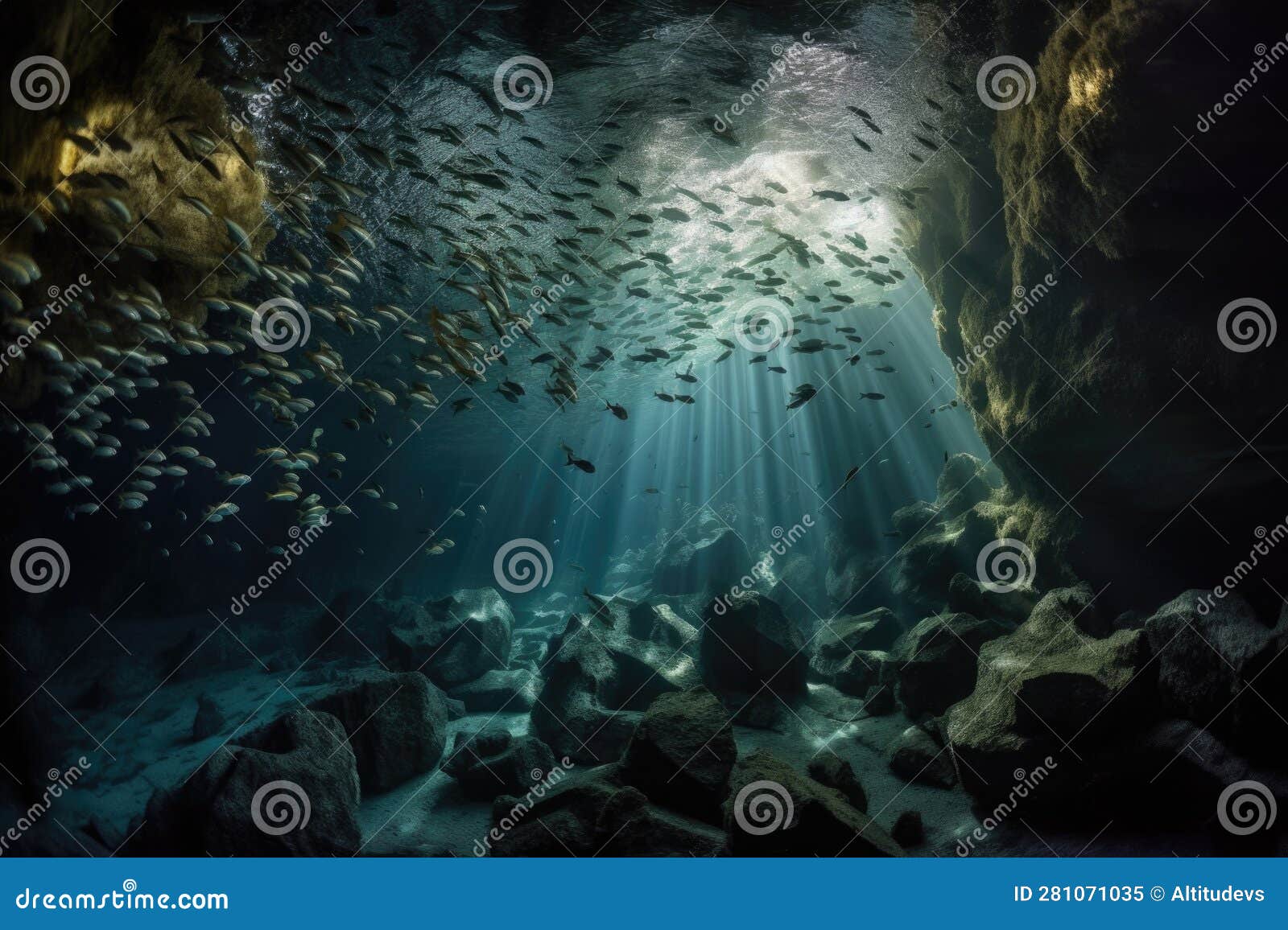 Underwater Cave with Schools of Fish Swimming through the Water Stock ...