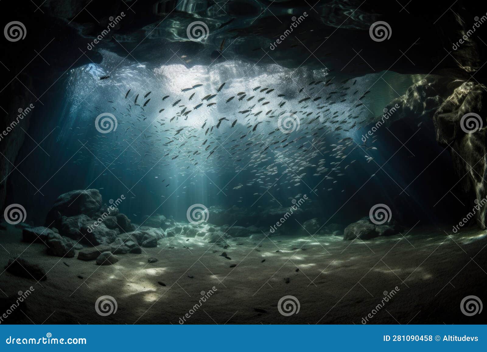 Underwater Cave with Schools of Fish Swimming through the Water Stock ...