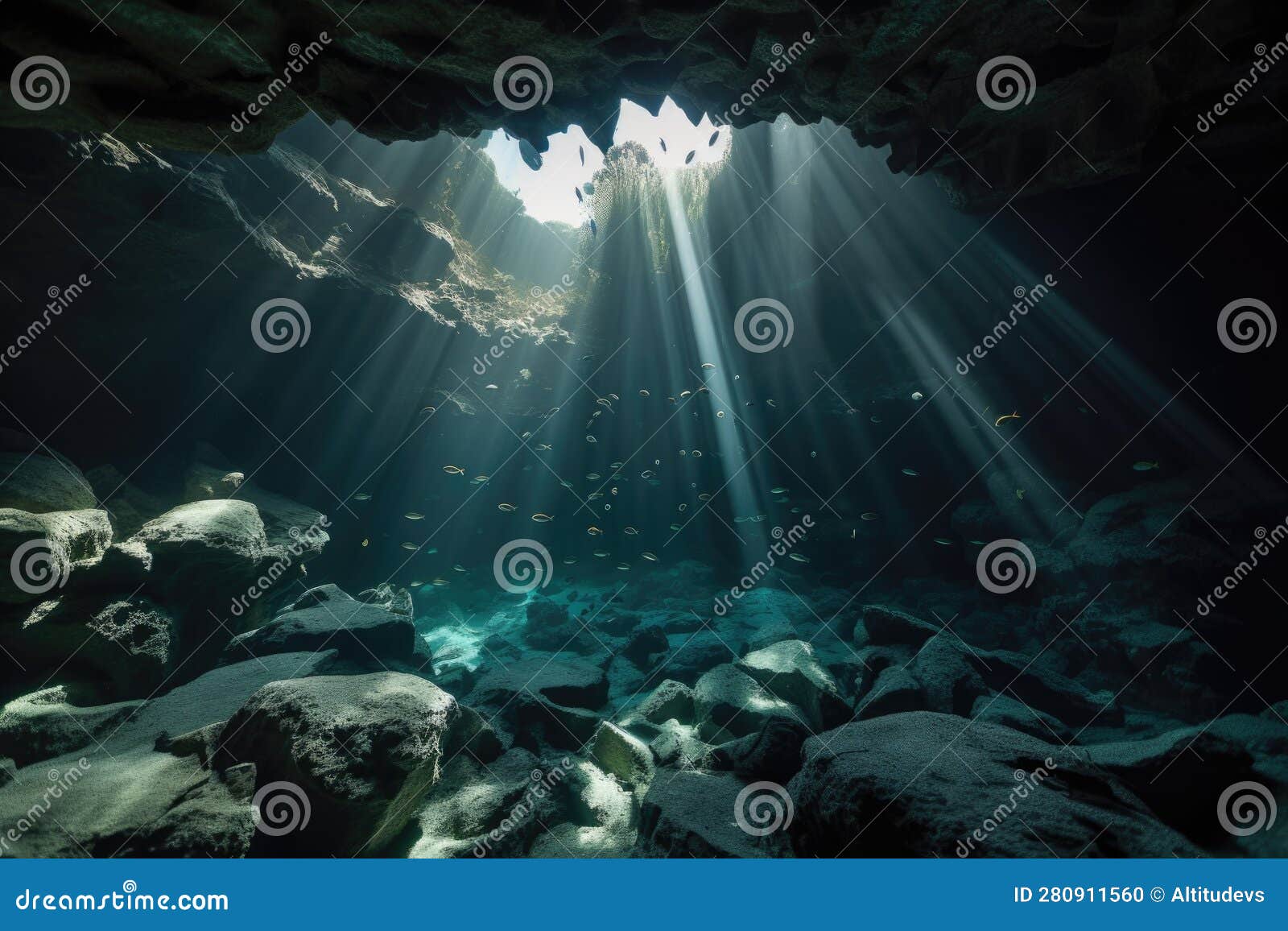 Underwater Cave, with Shining Schools of Fish Swimming among the ...