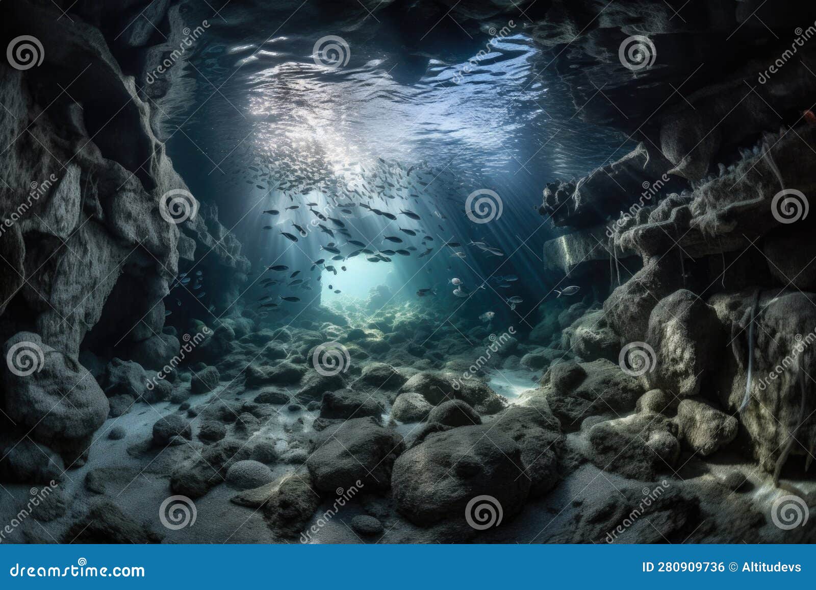 Underwater Cave System with Intricate Formations and Schools of Fish ...