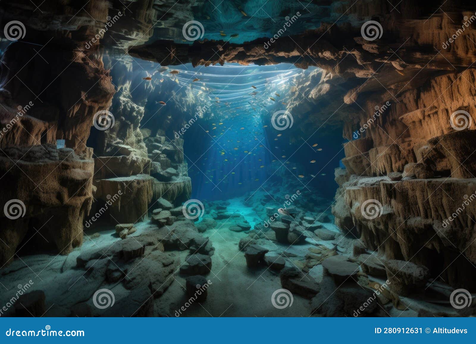 Underwater Cave System with Intricate Formations and Schools of Fish ...