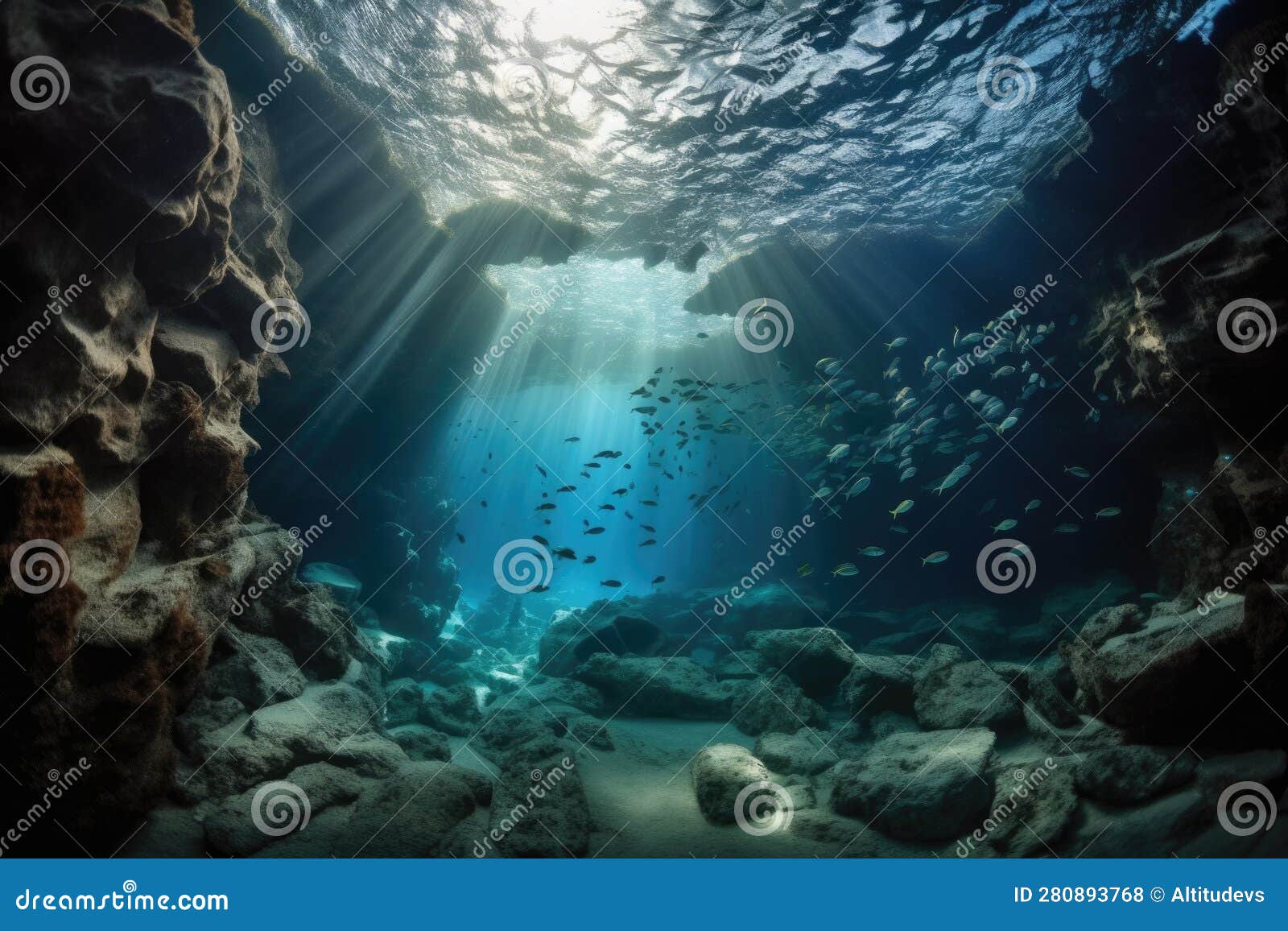 Underwater Cave with View of the Open Ocean, with Schools of Fish ...