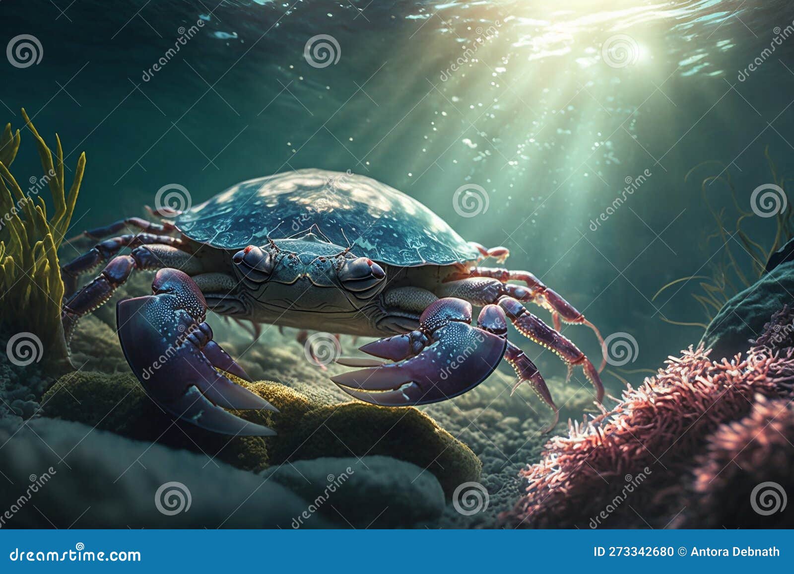 Underwater Closeup Picture of the Crab and Sunlight in the Ocean Reef Stock Illustration ...