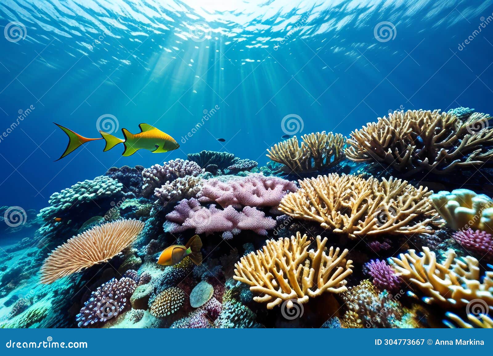 Underwater Coral Reef Landscape with Colorful Fish. Stock Illustration ...
