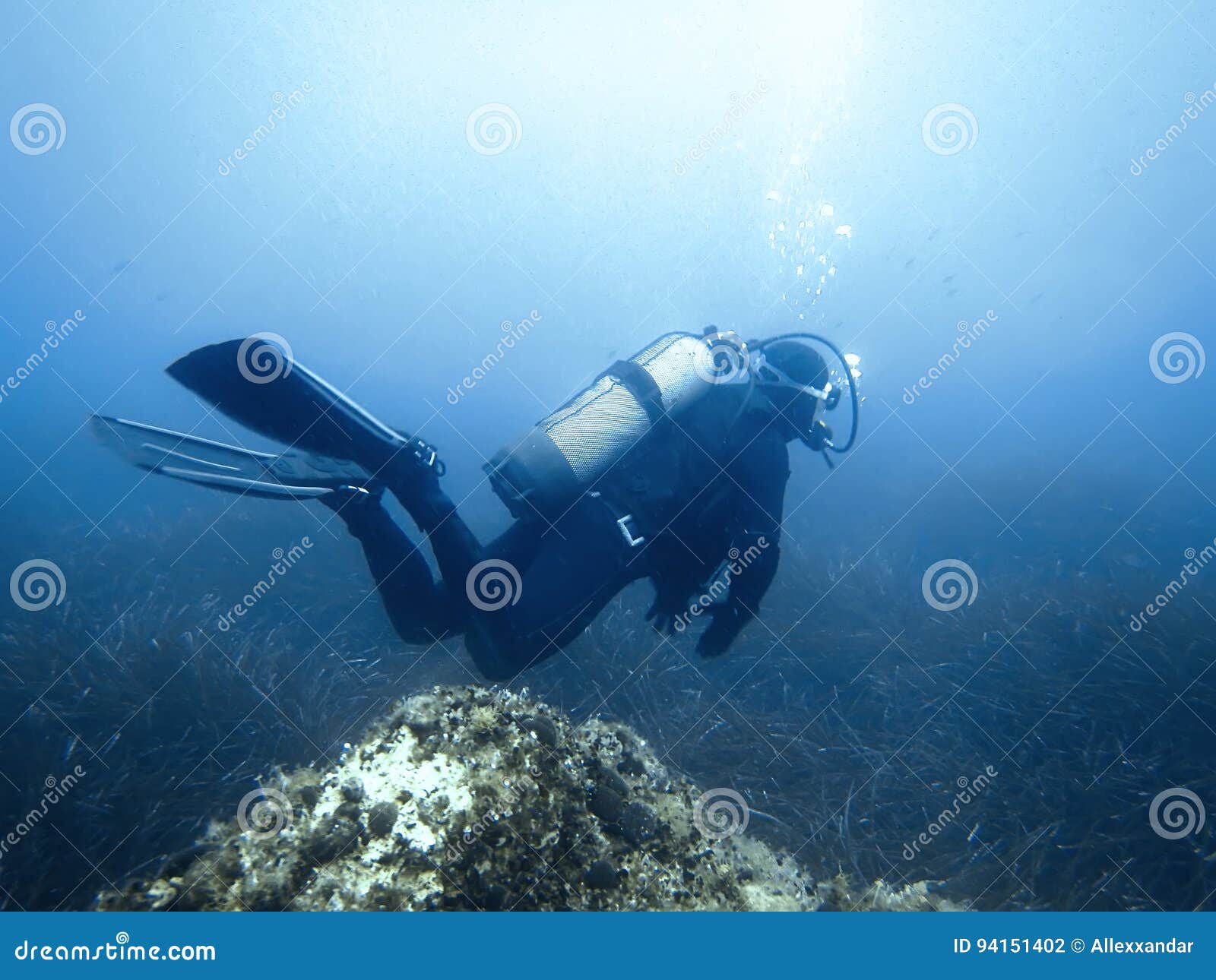 Underwater Diver in Underwater World Stock Photo - Image of cave, light ...