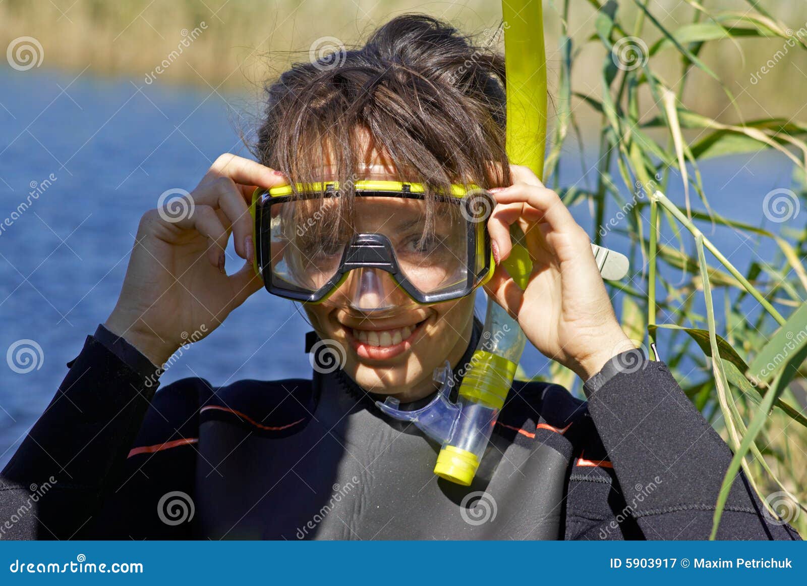 Diving Girl Underwater With Coral Reef. Snorkel In Full Face Mask ...