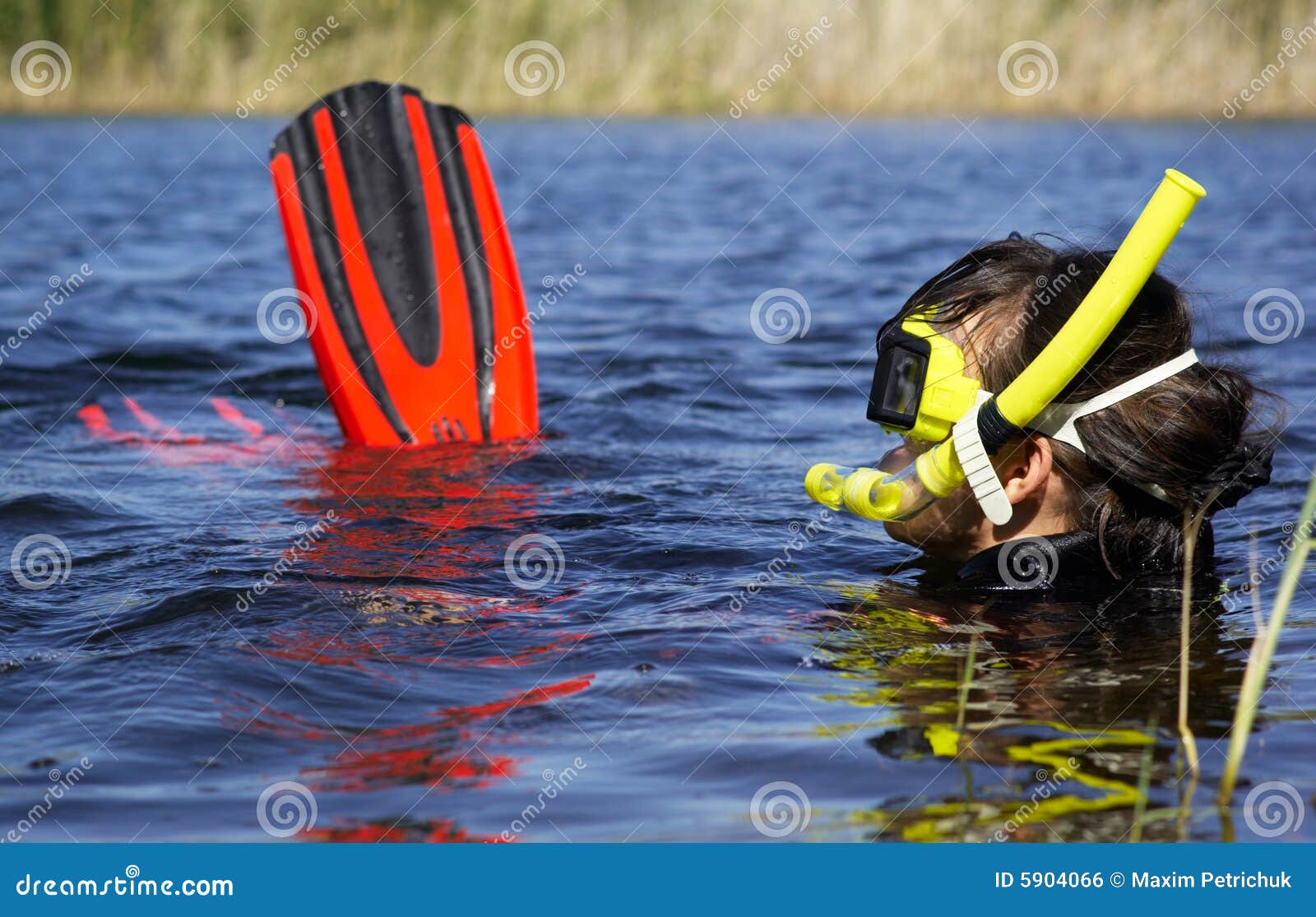 Diving Girl Underwater With Coral Reef. Snorkel In Full Face Mask ...