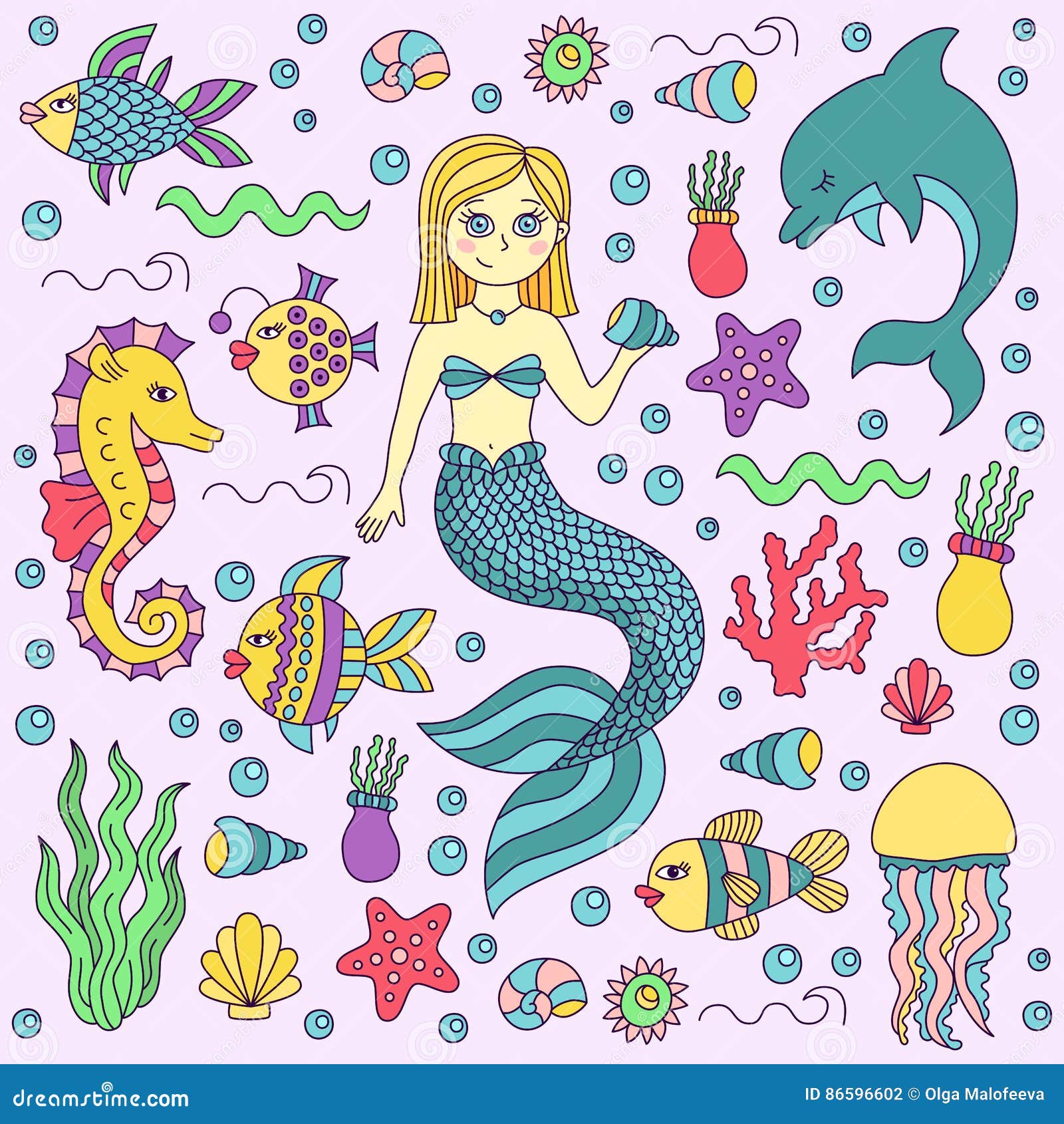 Underwater Doodles and Mermaid Vector Set Stock Vector - Illustration ...