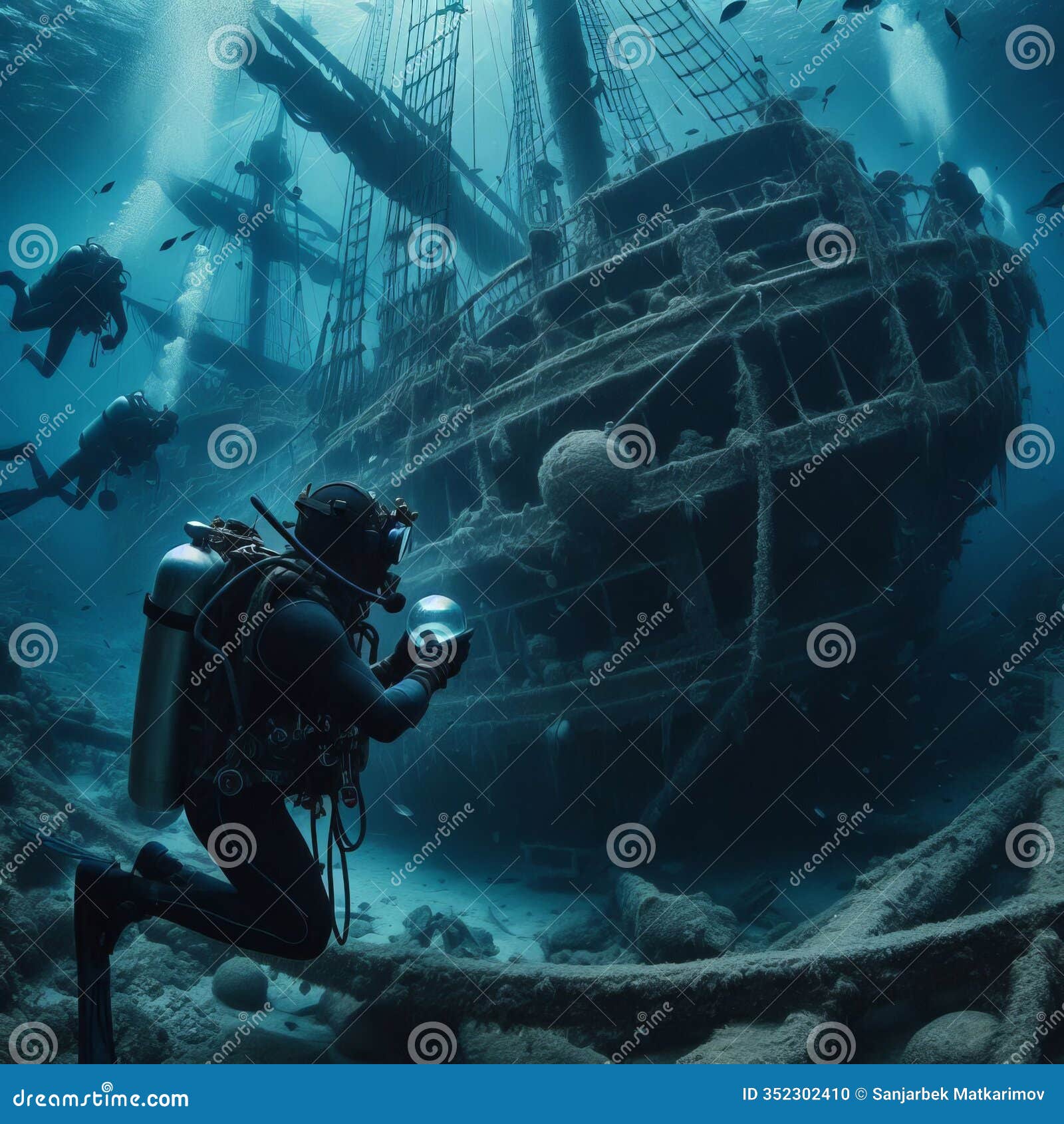 Underwater Exploration Divers Exploring a Sunken Ship Stock ...