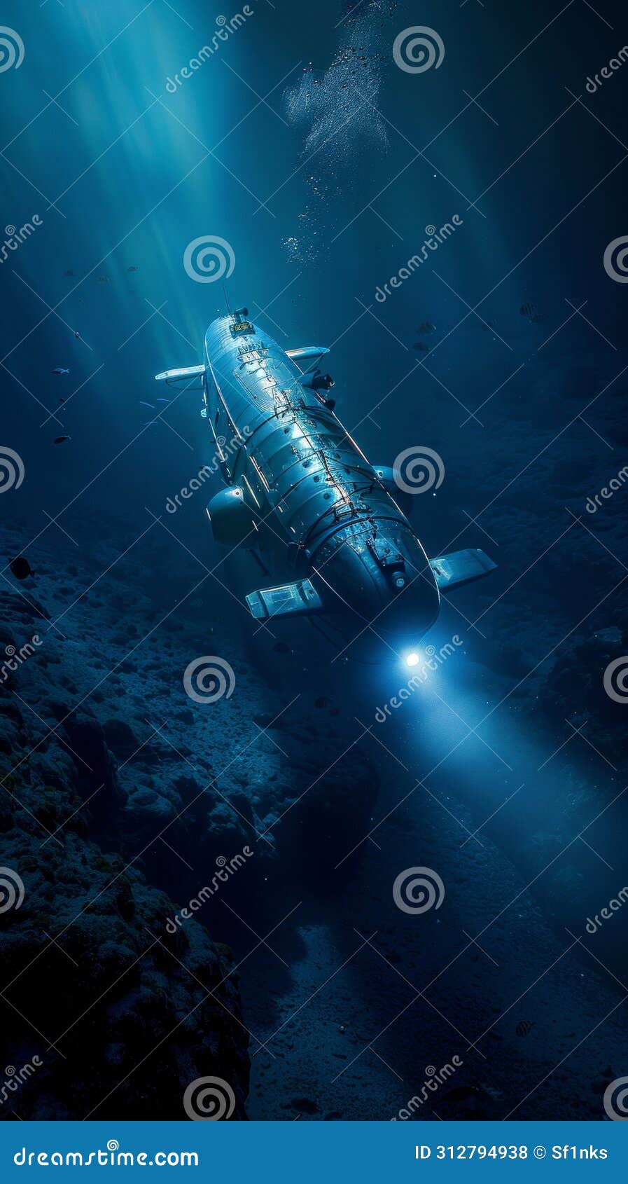 Underwater Exploration Vehicle Illuminating the Dark, Mysterious Ocean ... Underwater Exploration Vehicle Illuminating the Dark, Mysterious Ocean ...