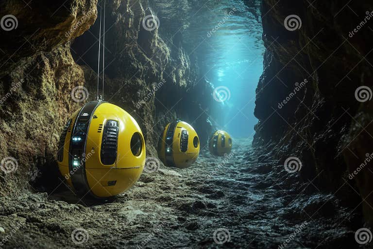 Underwater Exploration with Yellow Robotic Devices in a Deep Cave ...