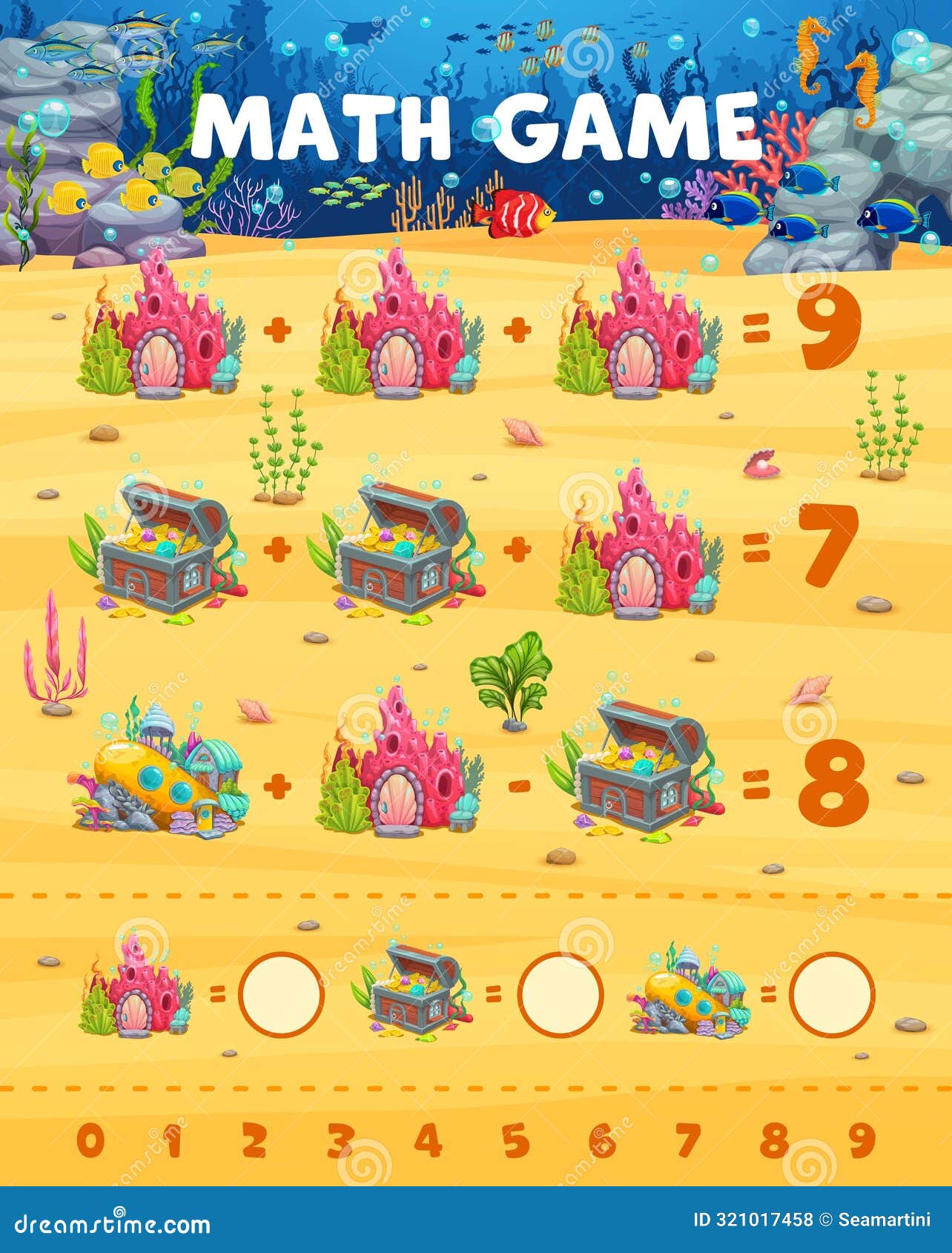 Underwater Fairytale Houses, Math Game Worksheet Stock Vector ...