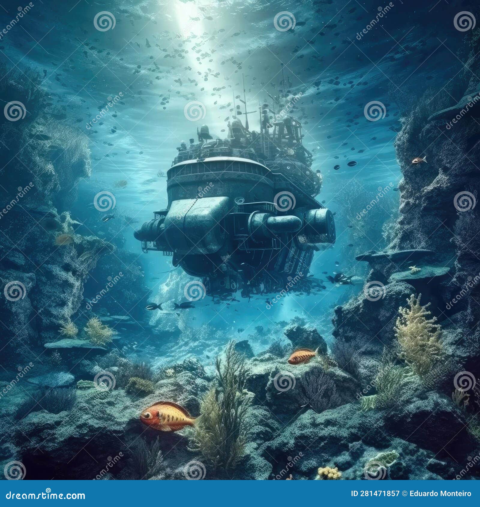 Underwater Fantasy Submarine in the Deep Blue Sea Stock Illustration ...