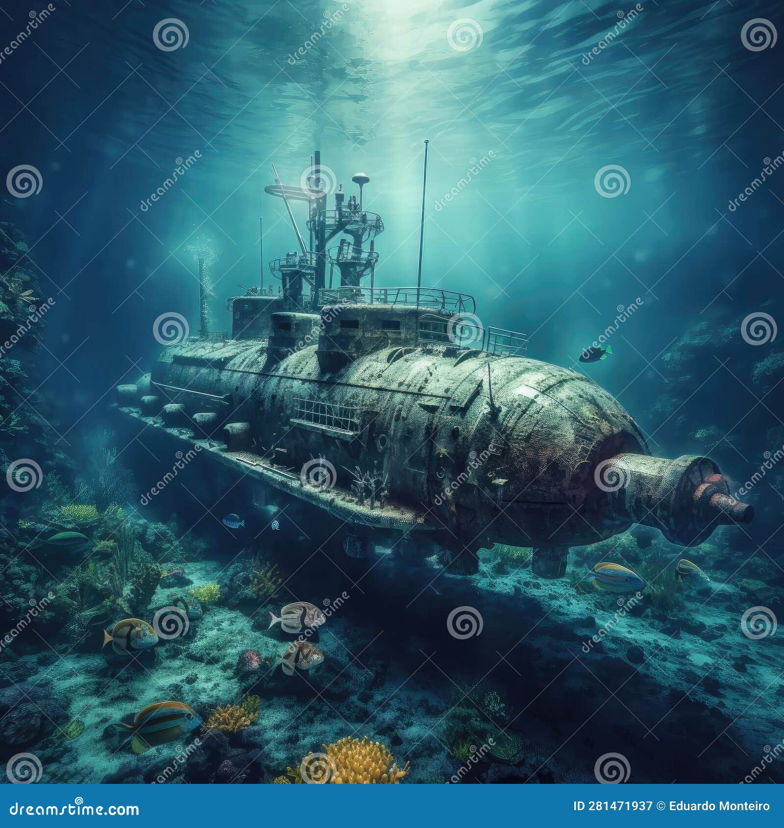 Underwater Fantasy Submarine in the Deep Blue Sea Stock Illustration ...