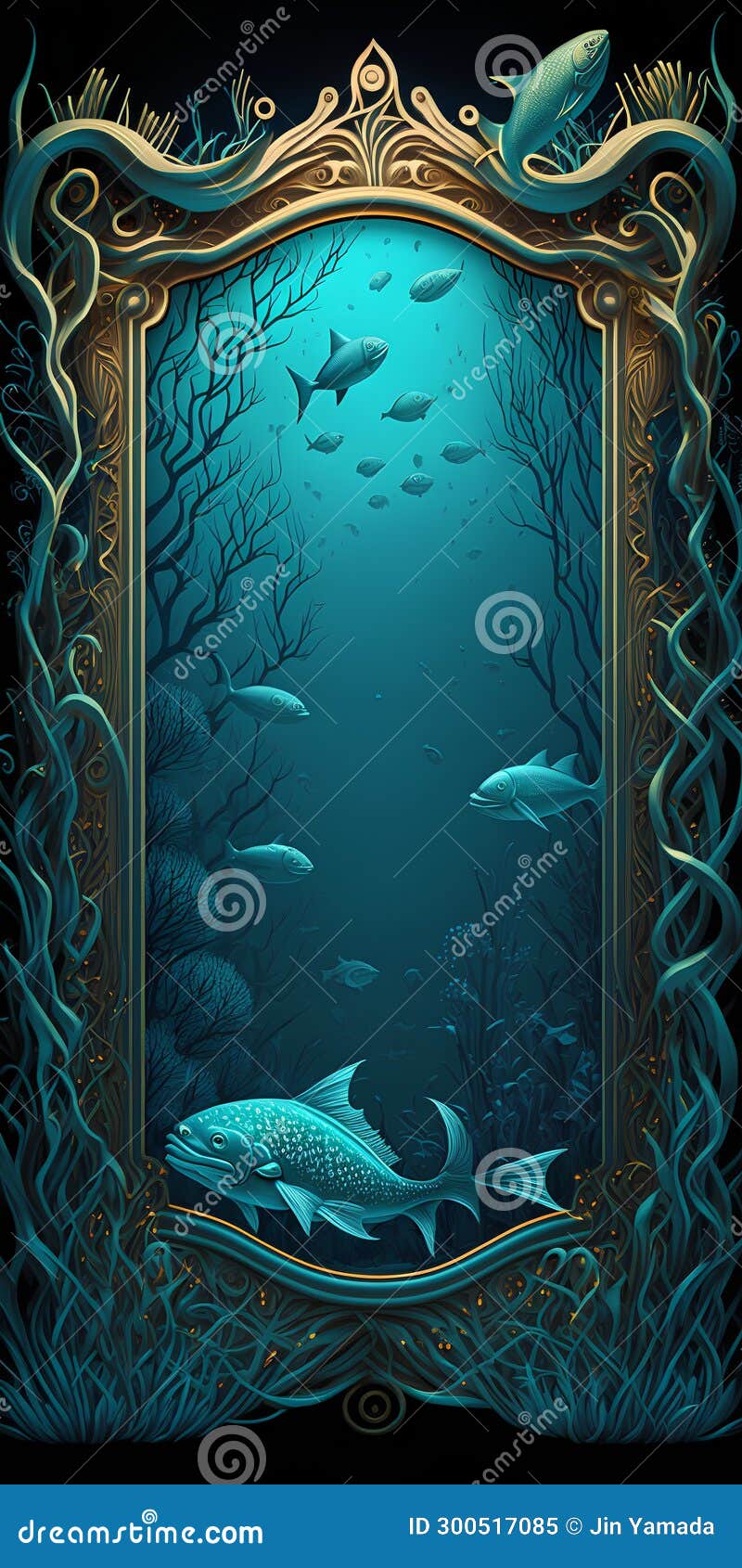 Underwater Frame with Fish and Algae. Underwater Background. Vector ...