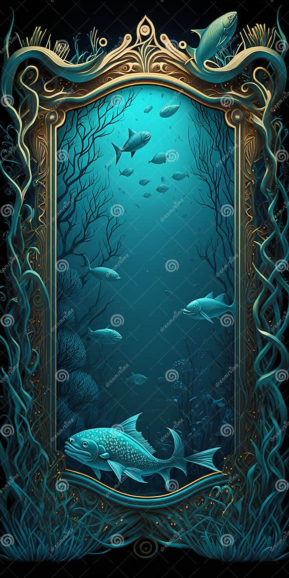 Underwater Frame with Fish and Algae. Underwater Background. Vector ...