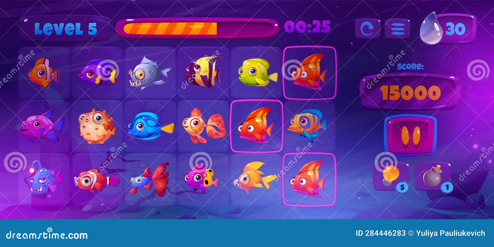 Underwater Game Ui Interface with Fish Slot Icon Stock Illustration ...