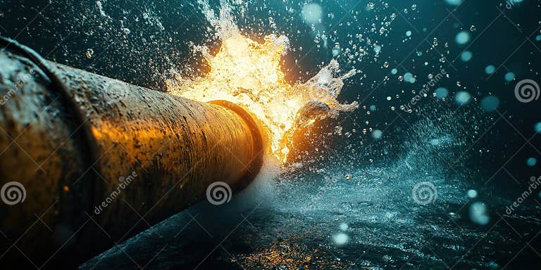 Underwater Gas Pipe Exploding and Releasing Fire and Bubbles Stock ...