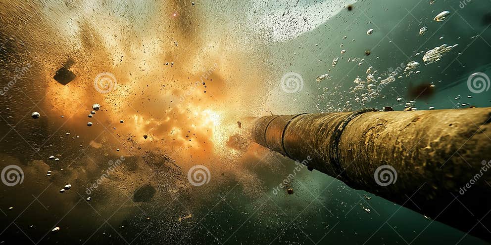 Underwater Gas Pipeline Exploding, Releasing Bubbles and Debris Stock Illustration ...