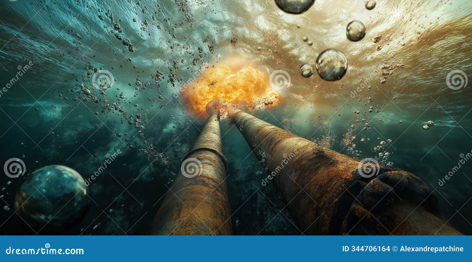Underwater Gas Pipeline Exploding, Releasing Bubbles and Fire Stock ...