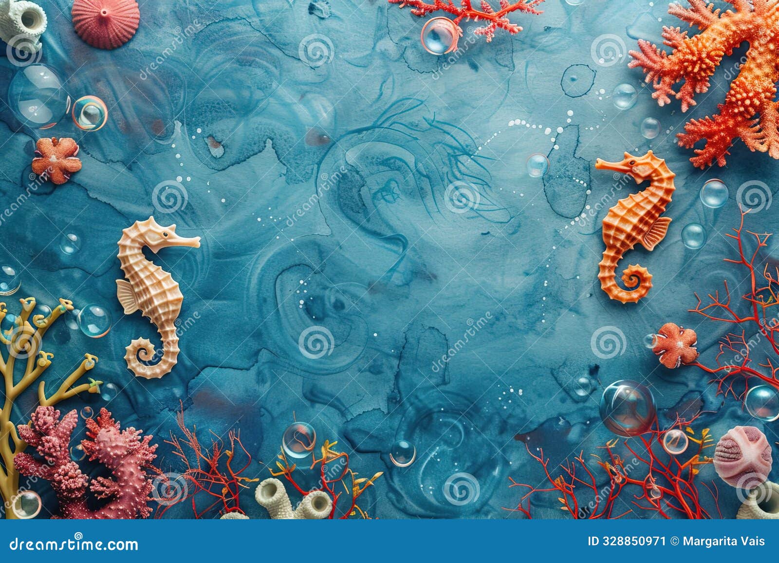 Underwater Illustration Border Frame Two Seahorses with Algae and ...