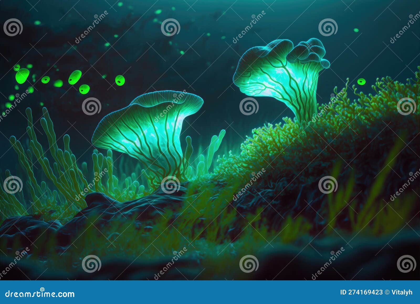 Underwater Illustration of Coral Reef Bioluminescent Glowing Algae ...