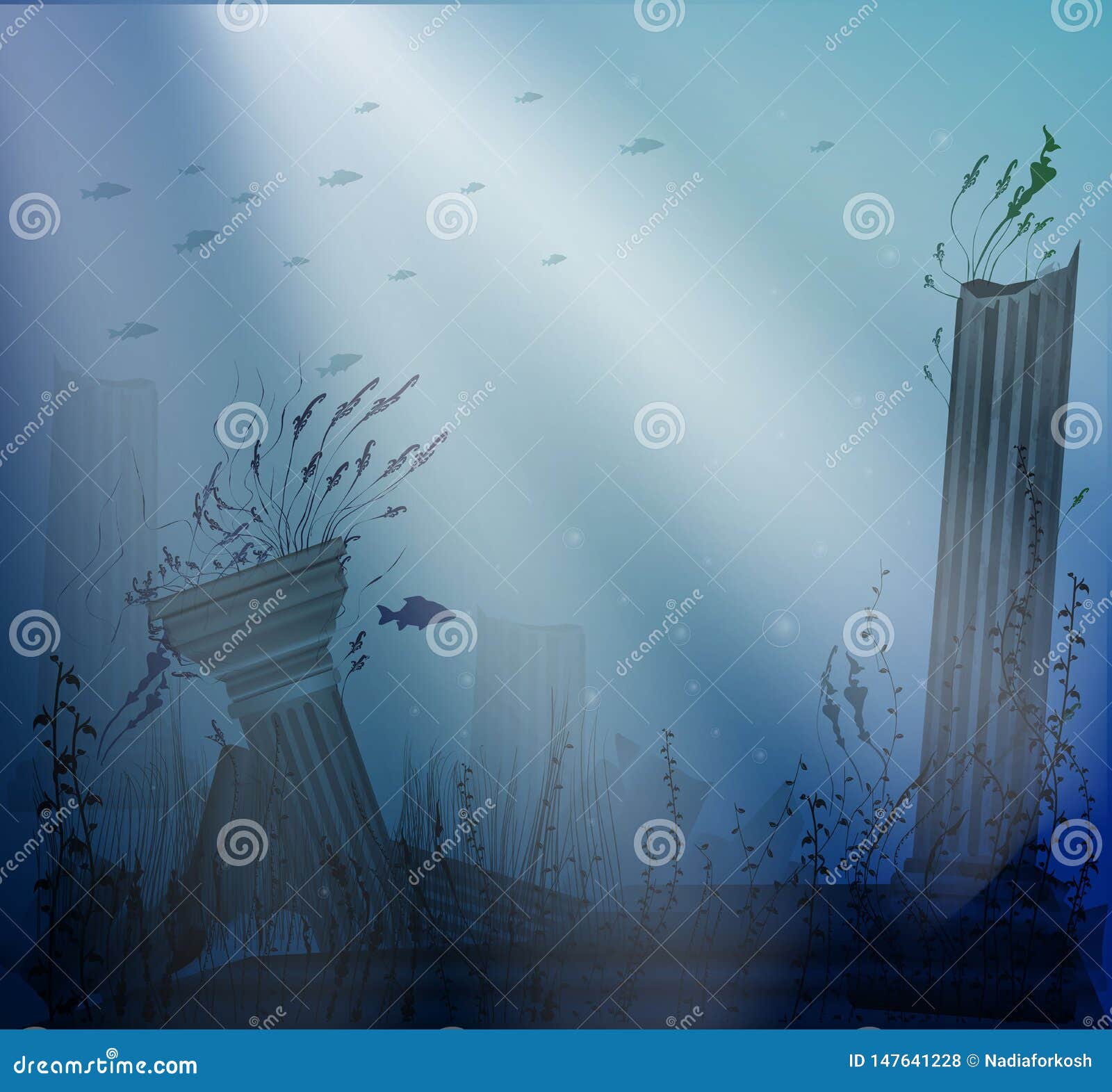 Underwater Landscape with Ancient Ruins of Columns with Beams of Light ...