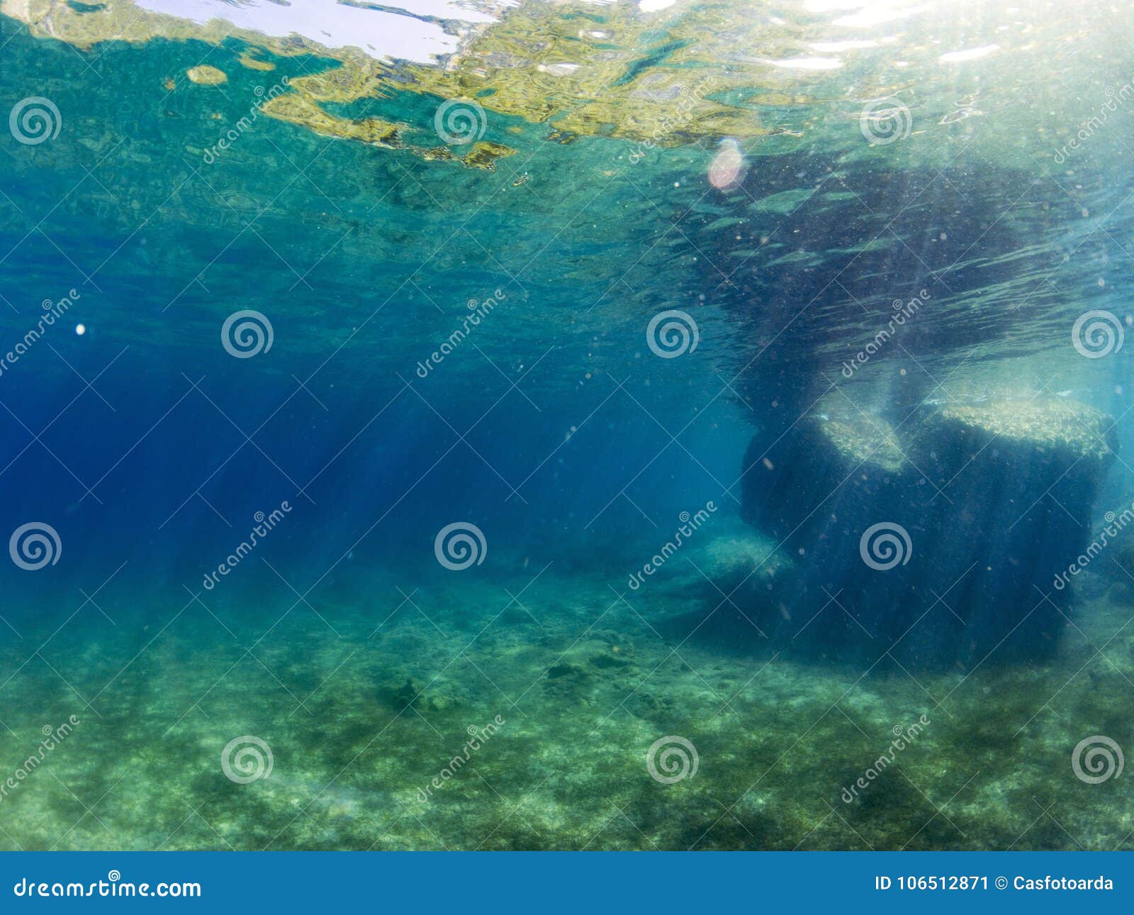 Underwater Landscape and a Big Rock Stock Image - Image of sunbeam ...