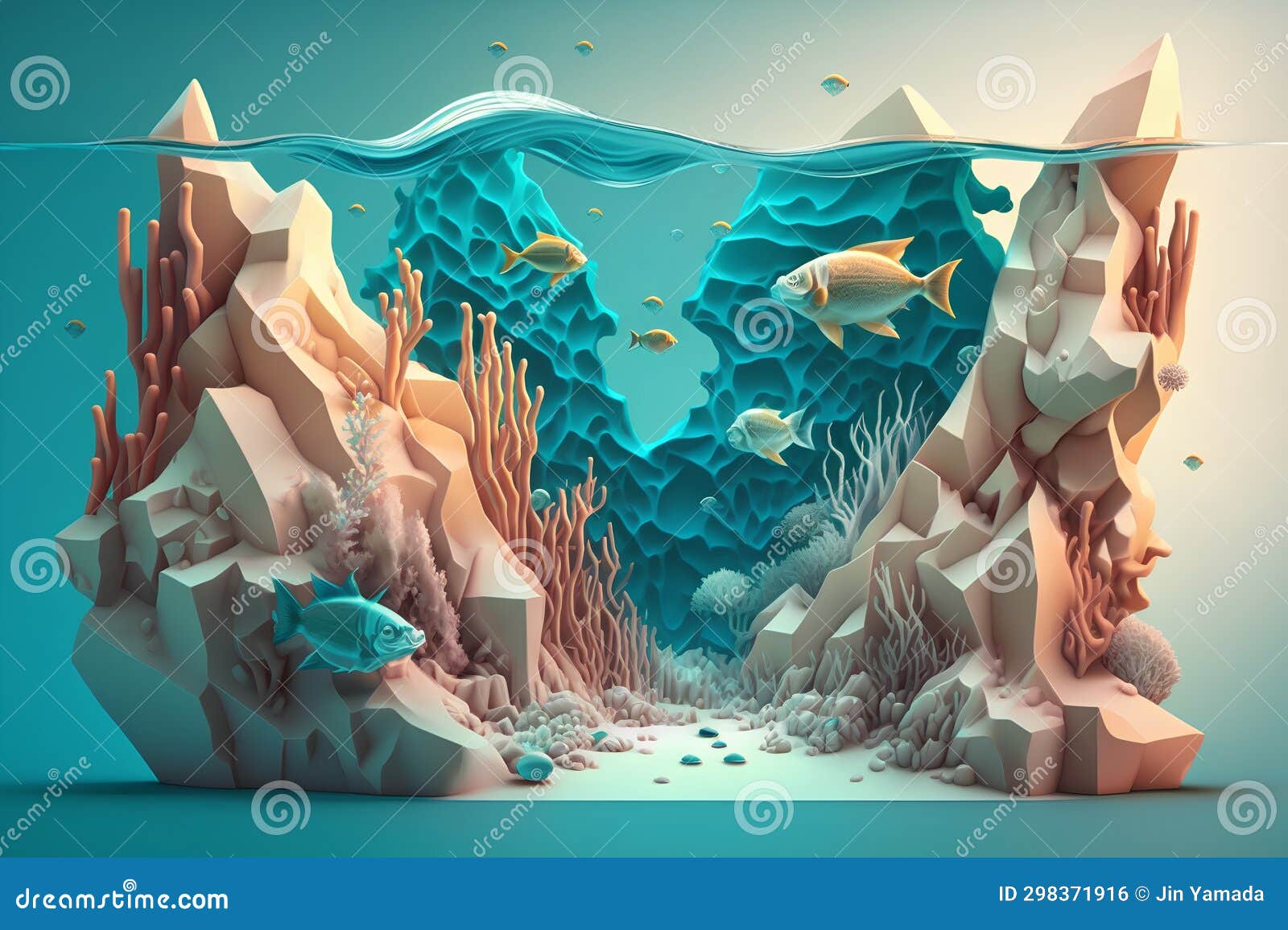 Underwater Landscape with Coral Reef and Fish. 3d Render Illustration ...
