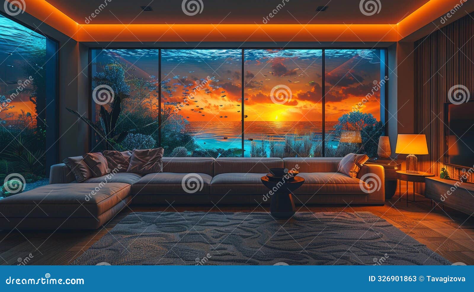 Underwater Living Room with Sunset View - Generative Ai Stock ...