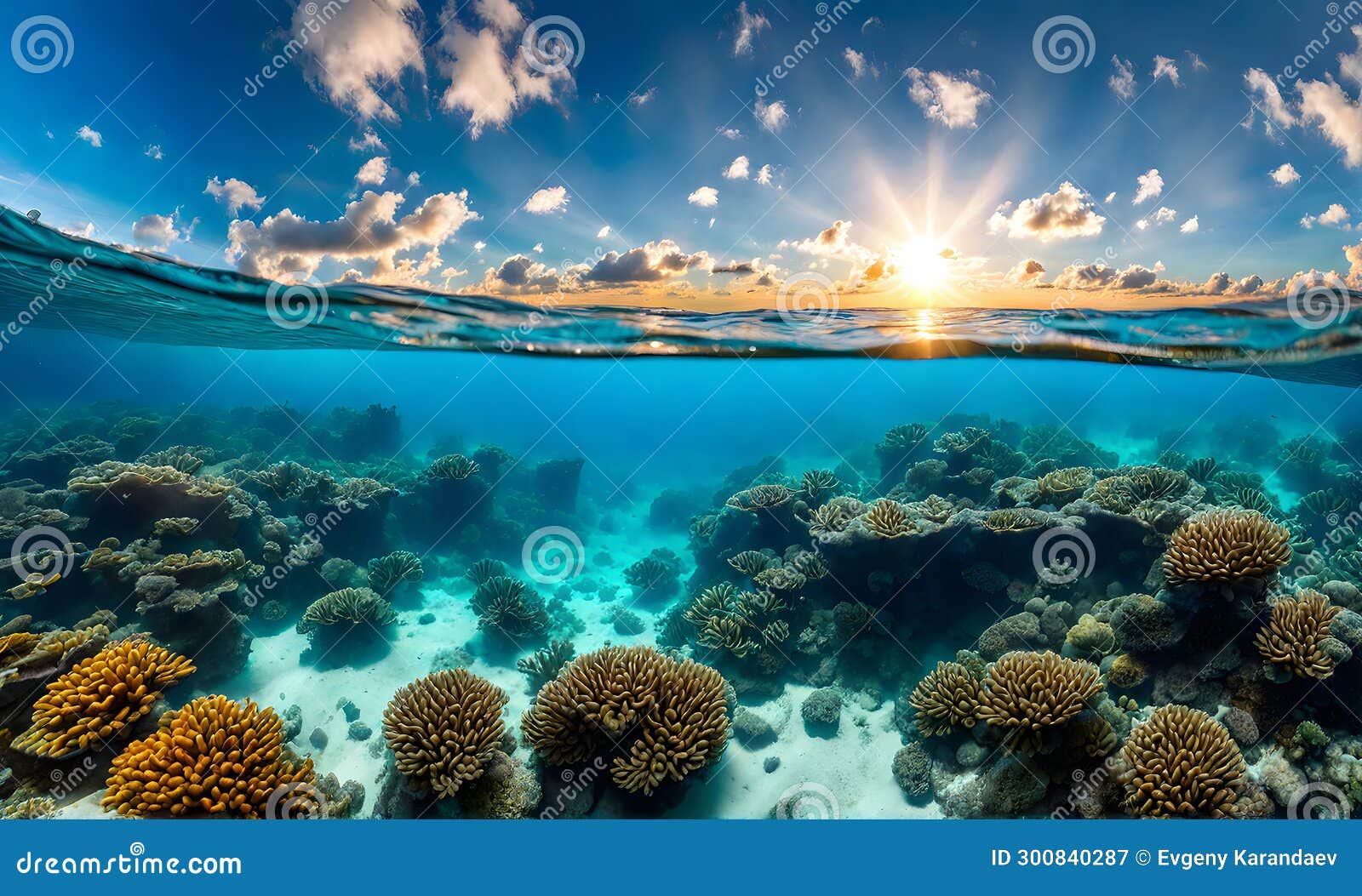 A Split View Serene Underwater Sea Bottom Contrasted With The Stormy ...