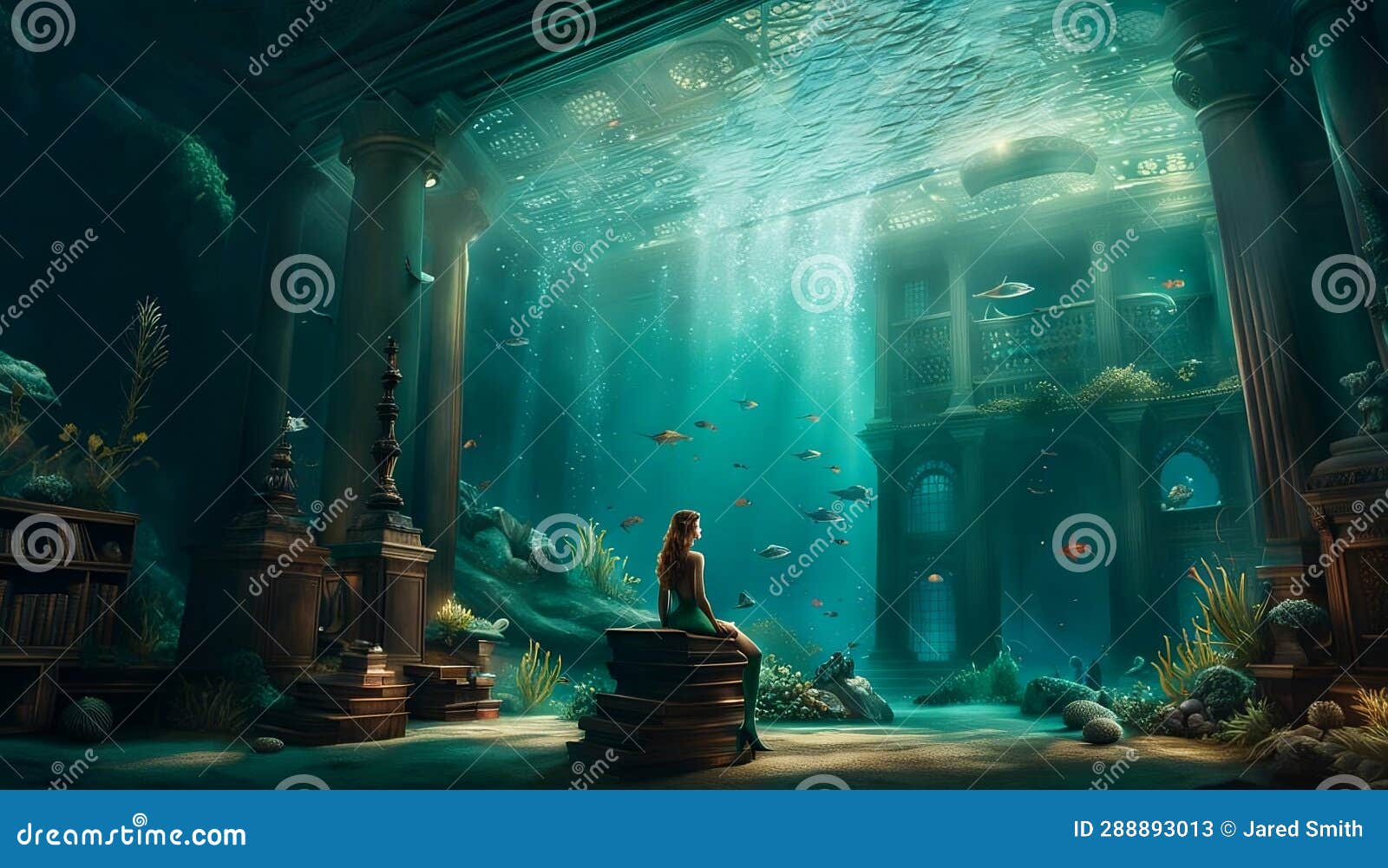 Underwater Mermaid Sitting Peacefully in Her Library, with Fish in the ...