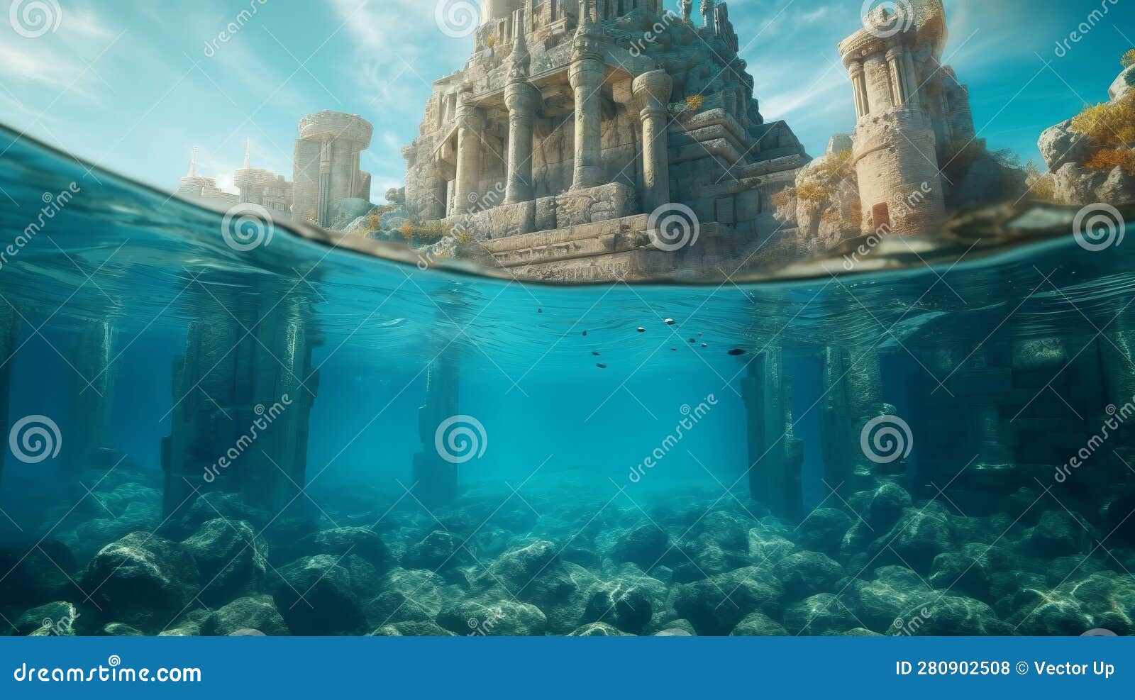 Underwater Ocean Scene with Castle. Ruins of the Atlantic. Generative ...