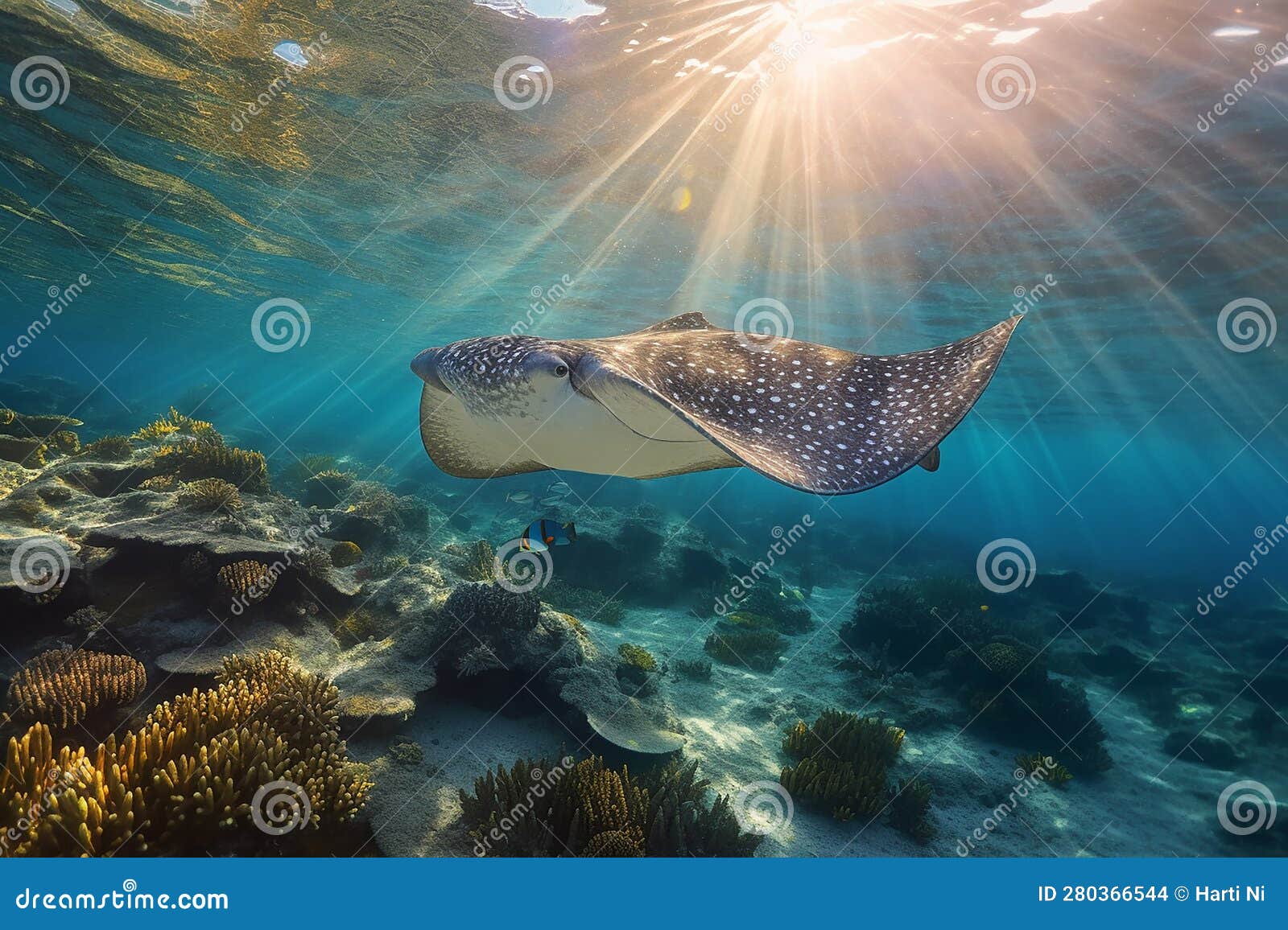 Underwater Ocean View with a Big Stingray Coral Reefs Sunlight from the ...