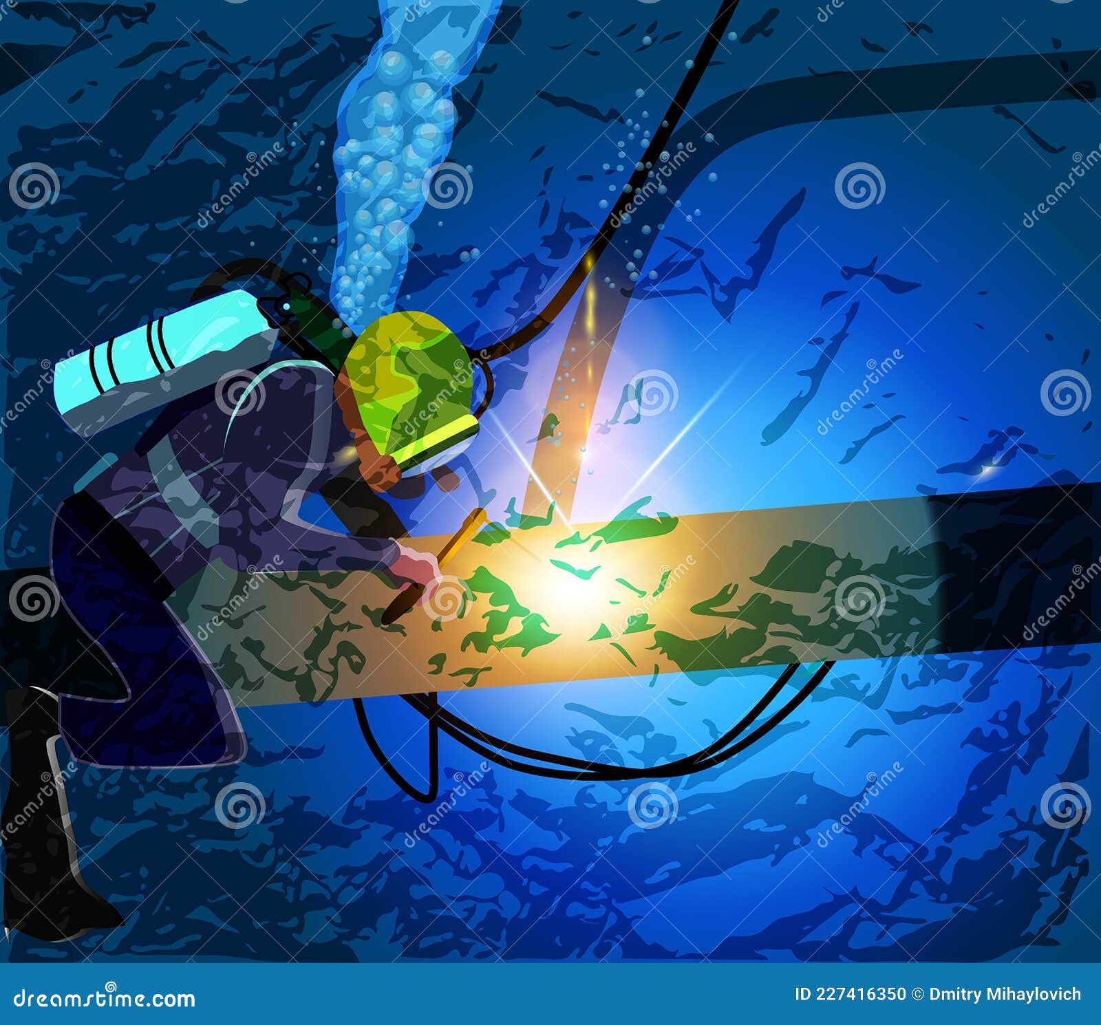 Underwater pipe welding stock vector. Illustration of wetsuit - 227416350