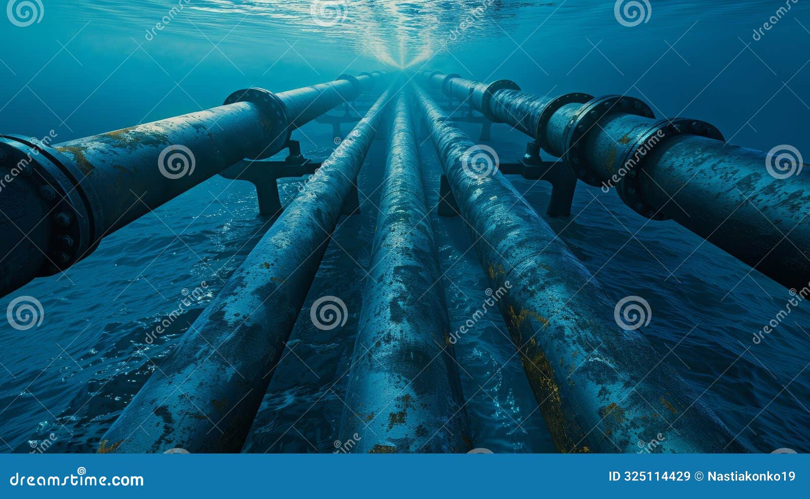 Underwater Pipelines Extending into Distance, 3D Rendering. Industrial ...