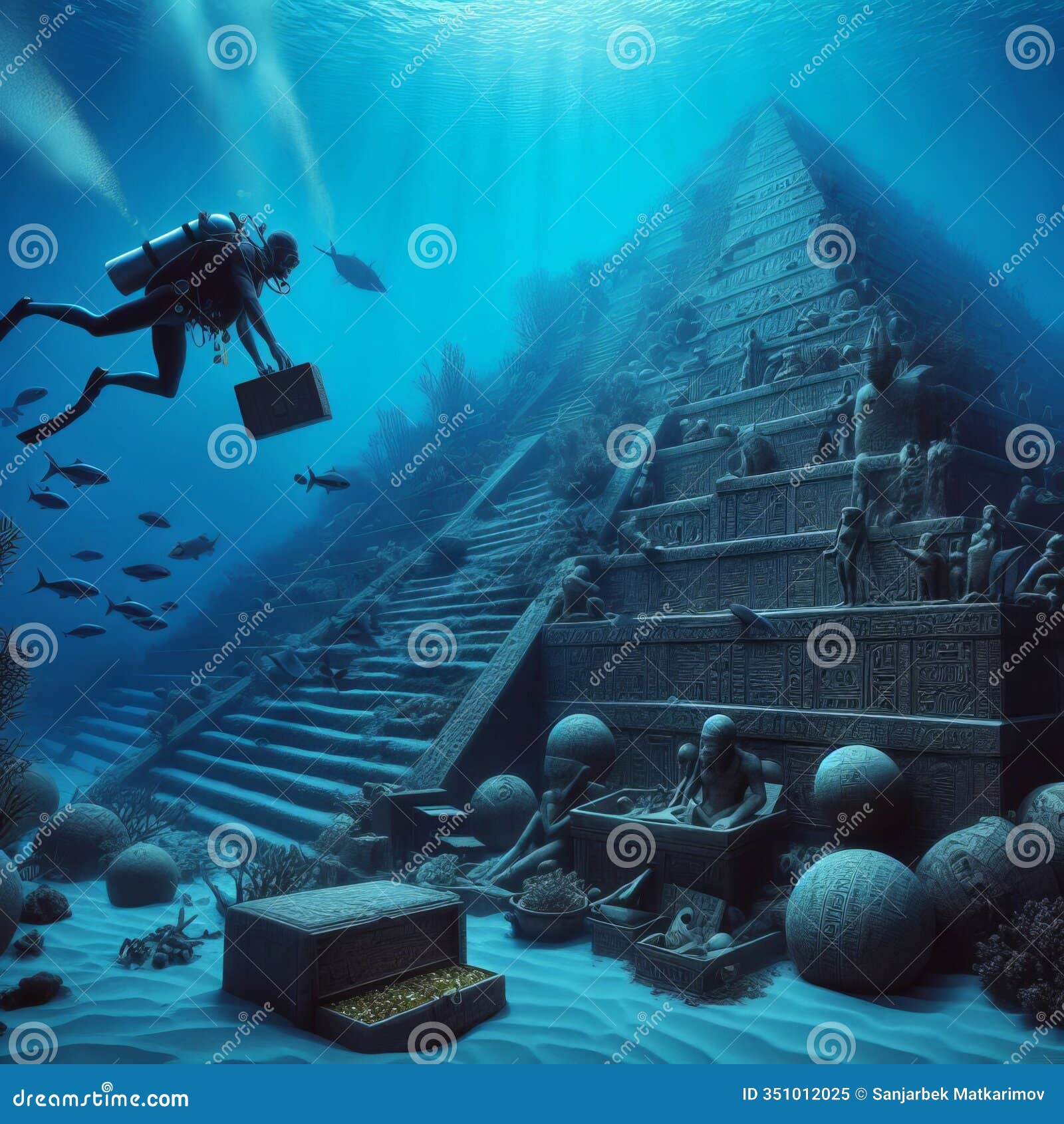 Underwater Pyramid a Diver Exploring an Ancient Underwater Pyram Stock ...