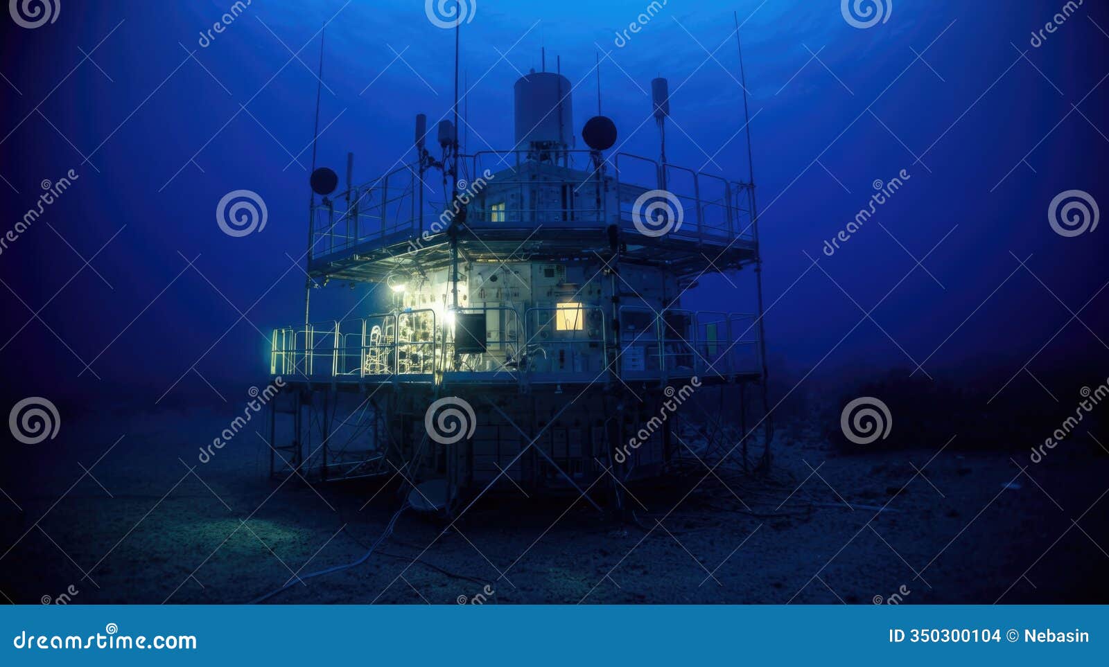Underwater Research Station Illuminated in Deep Blue Ocean at Night ...