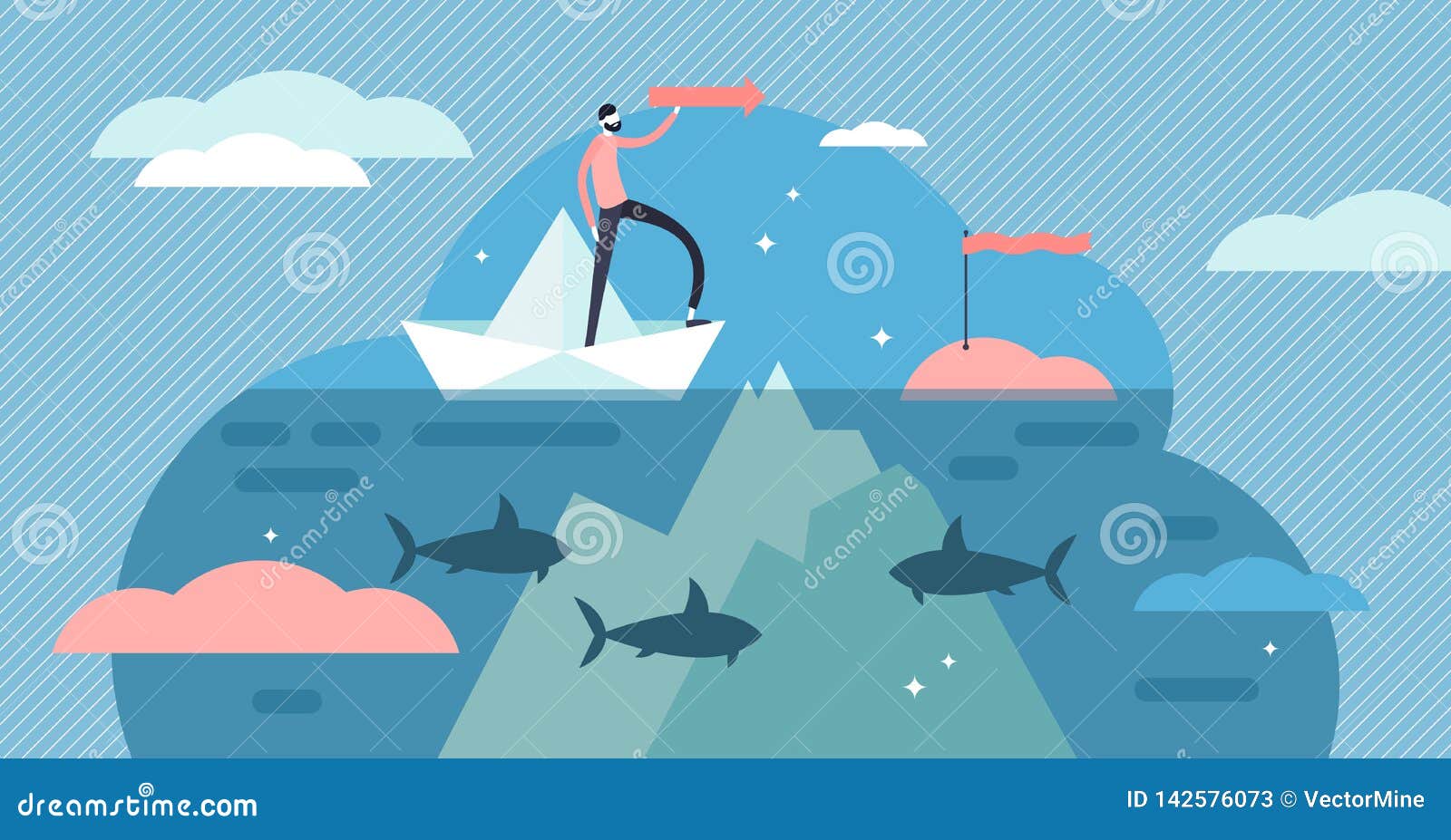Underwater Rocks Vector Illustration. Flat Tiny Risk Danger Persons ...