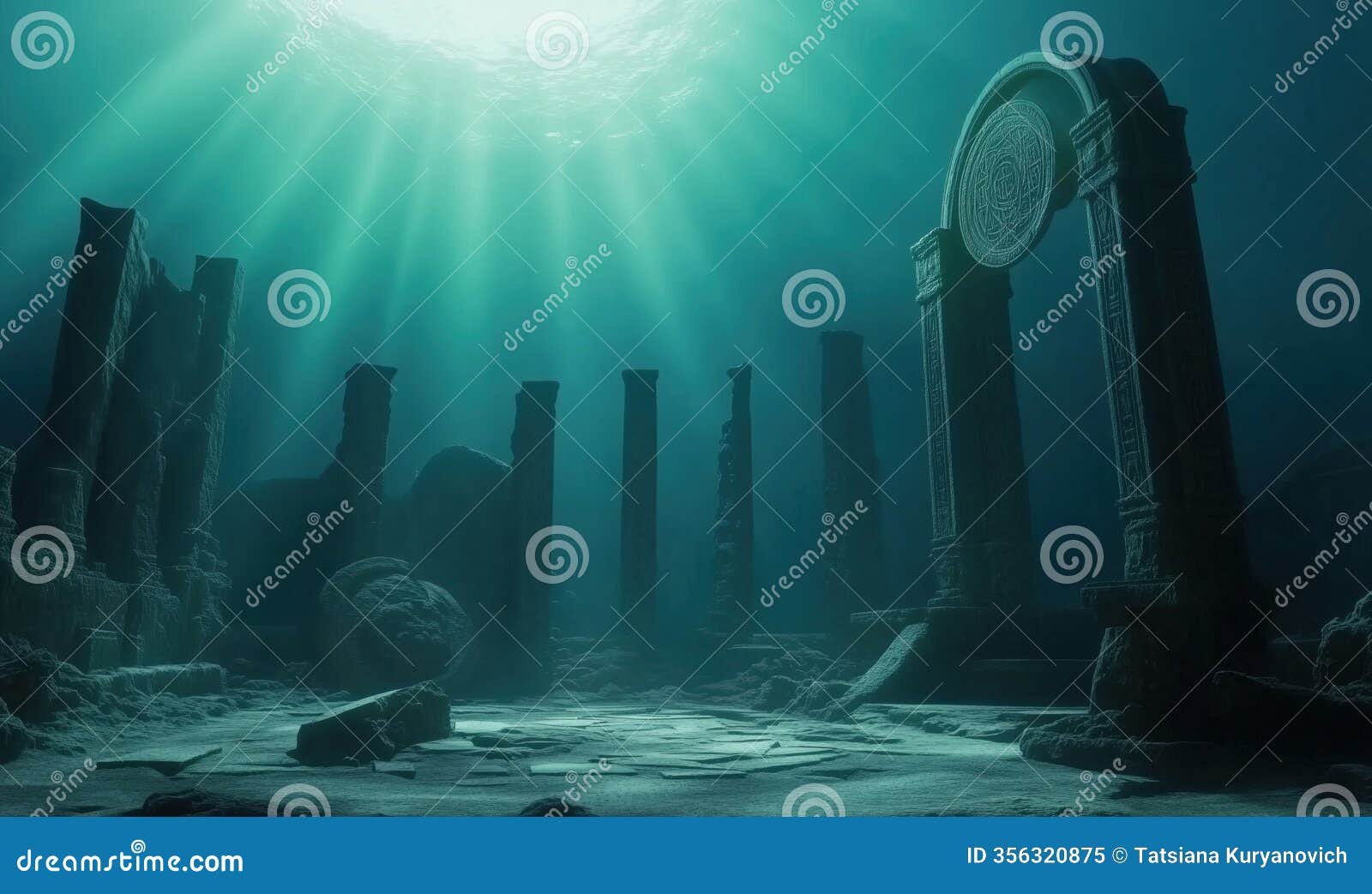 Underwater Ruins Ancient Civilization, Sun Rays Illuminating Stone ...