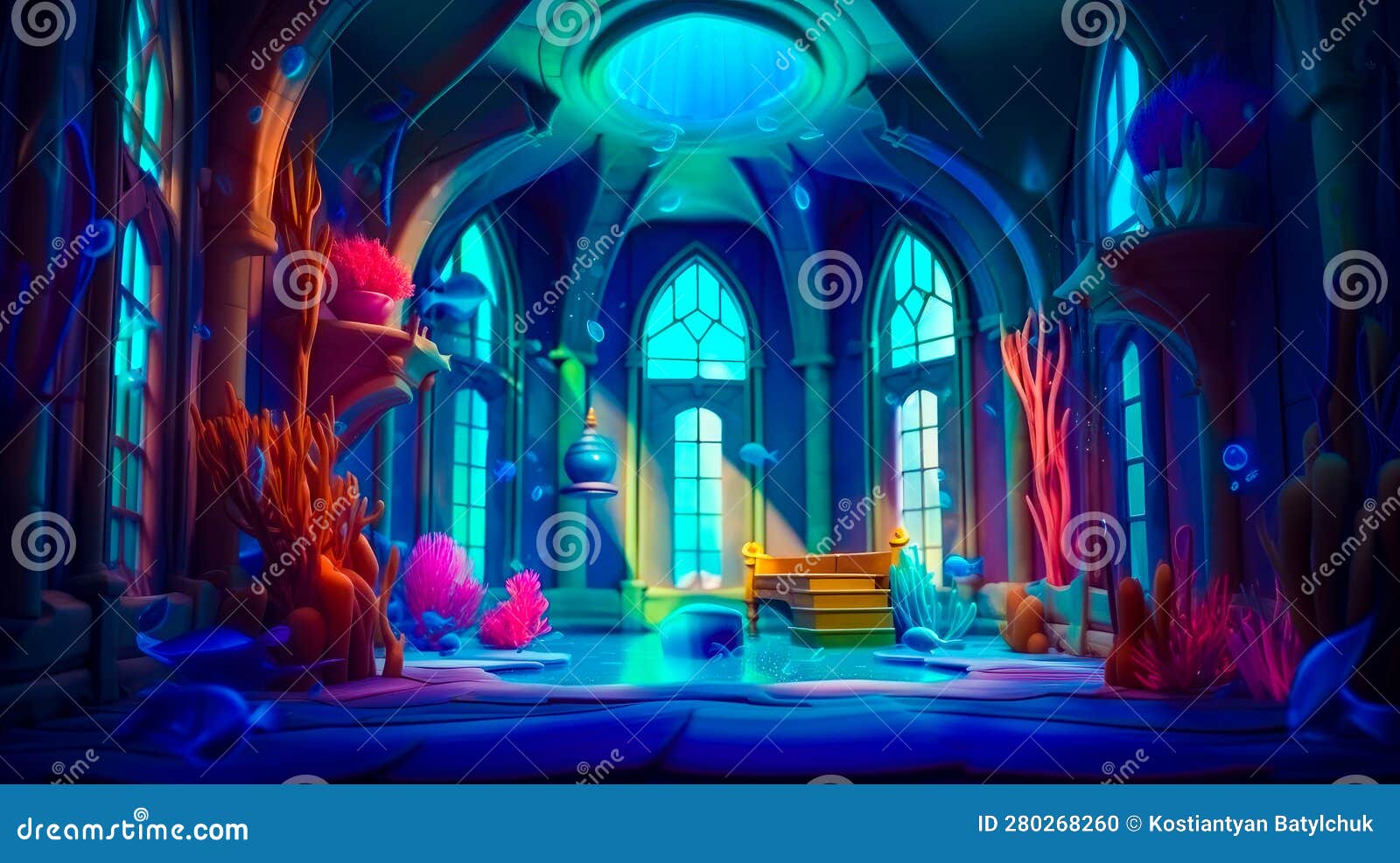 Underwater Scene with Bench in the Middle of Room with Windows ...