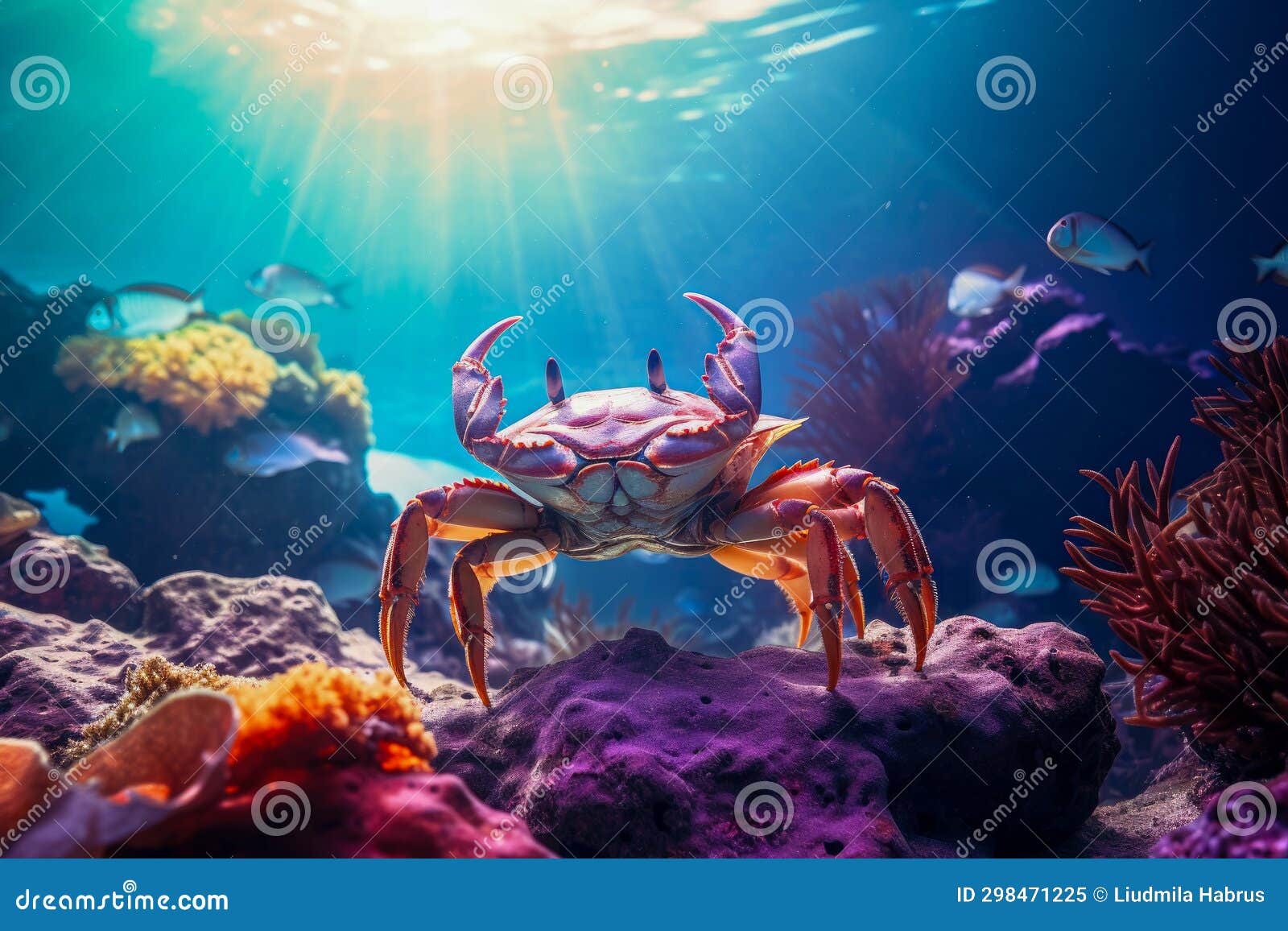 Underwater Scene with Blue Crab, Corals and Sunbeams Stock Illustration ...