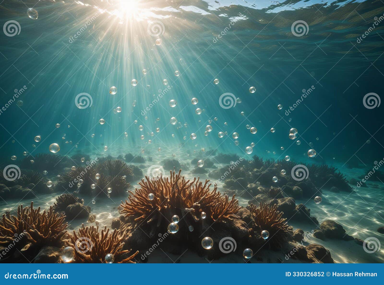 Underwater Scene with Bubbles and Light Rays in a Blue, Watery ...